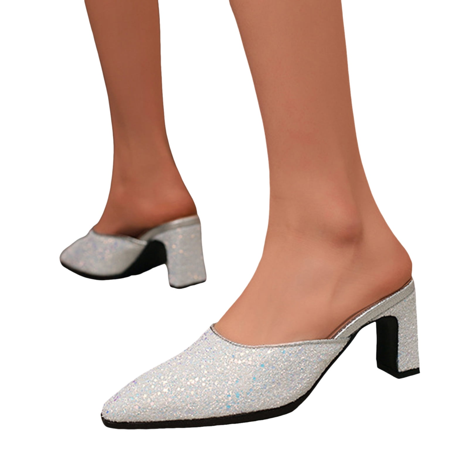 Chenyee Mules Heels for Women Pointed Toe Low Chunky Heels Slip On ...