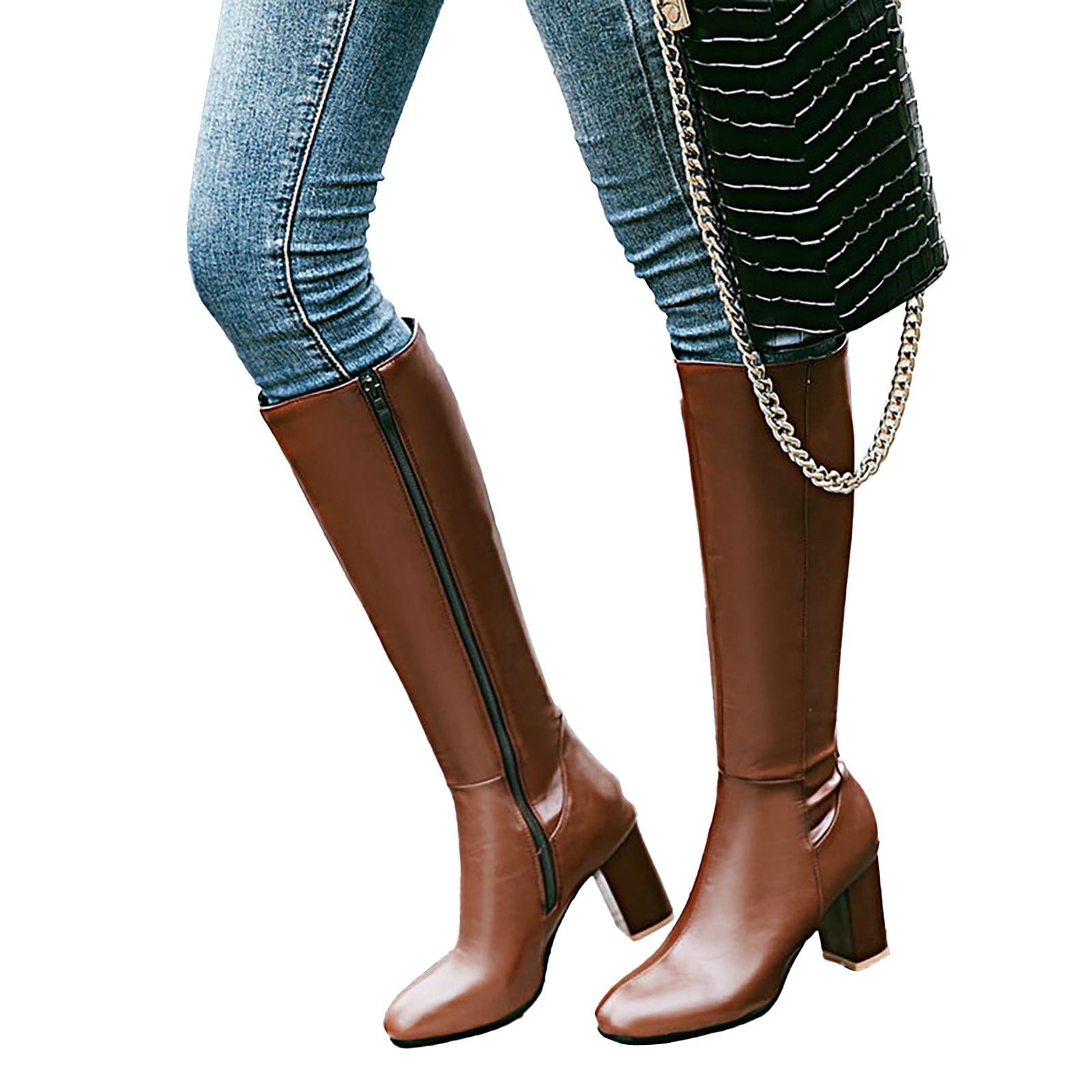 Chenyee Warm Knee High Boots for Women Wide Calf Chunky High Heel ...