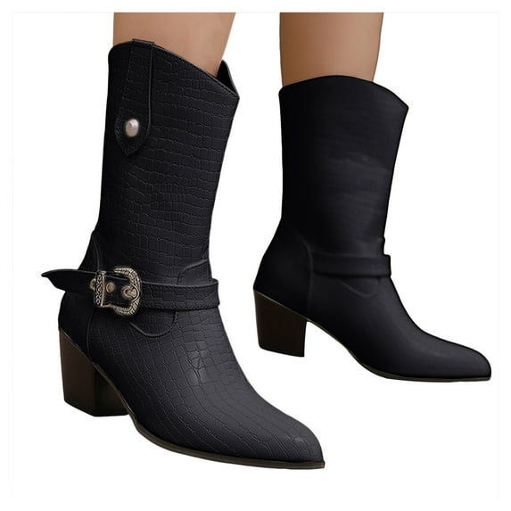 Chenyee Women's Cowboy Boots with Buckle Wide Calf Heel Pointed Toe ...