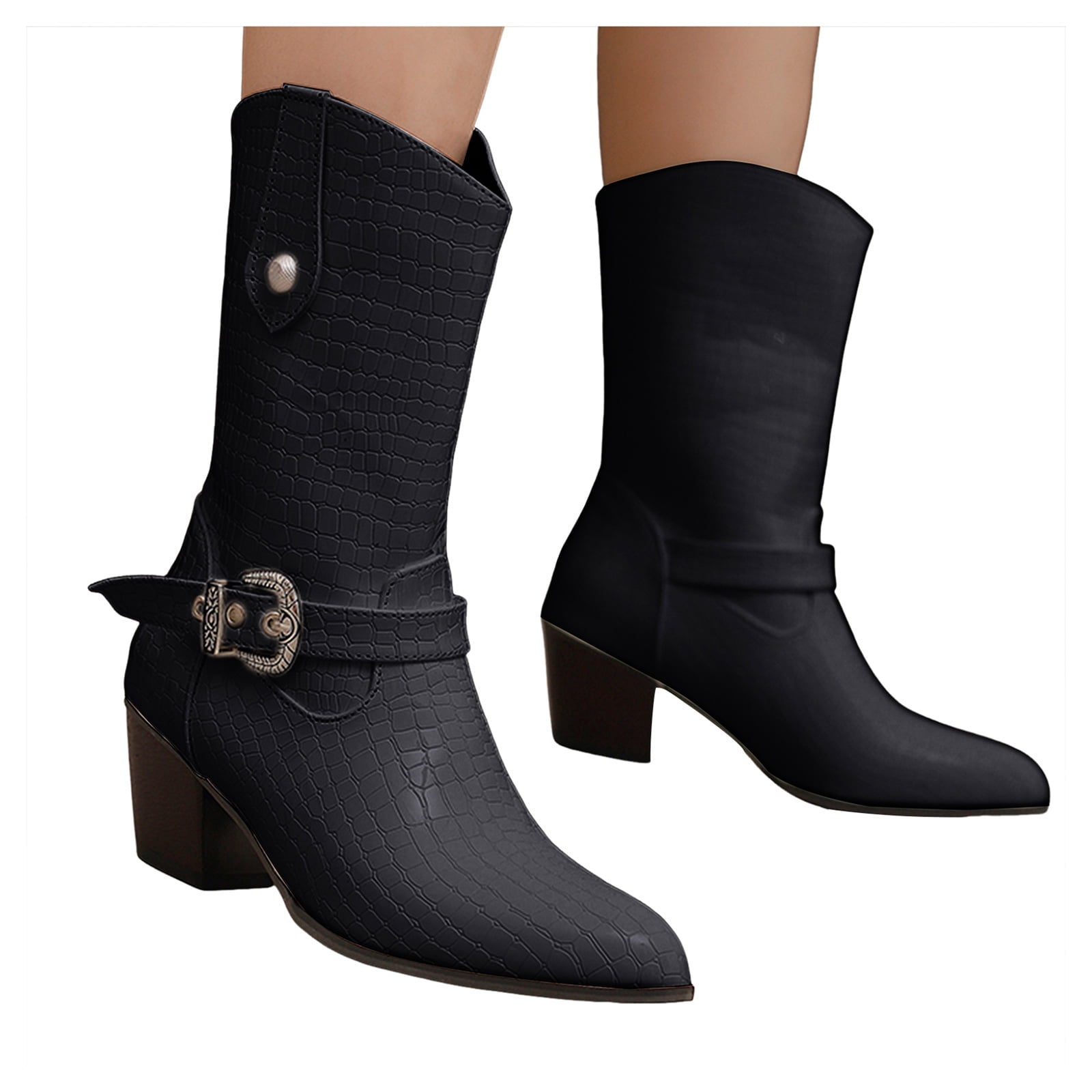 Chenyee Women's Cowboy Boots with Buckle Wide Calf Chunky Heel Pointed ...