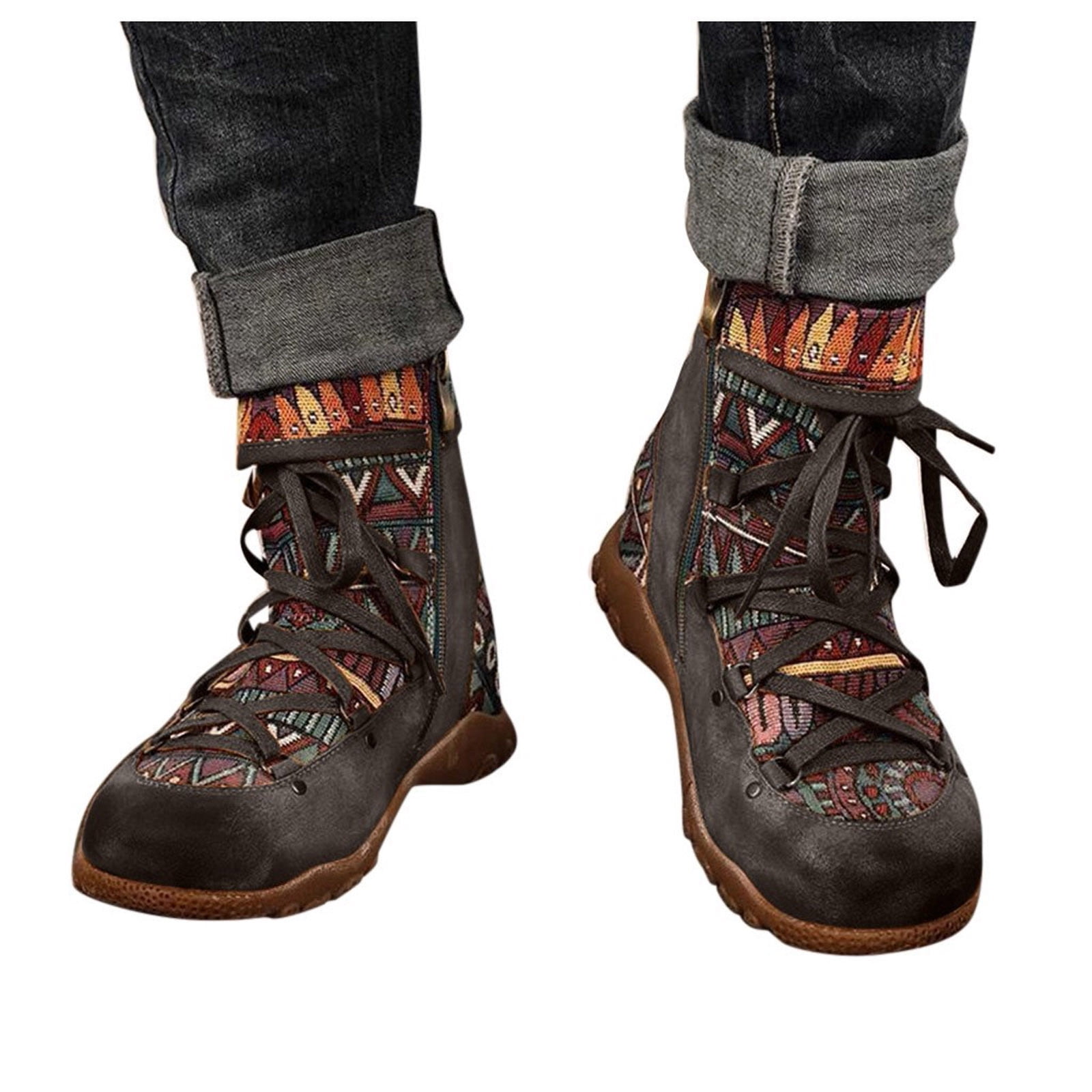 Chenyee Women's Flat Ankle Boots Vintage Bohemian Folk Printed Lace up ...