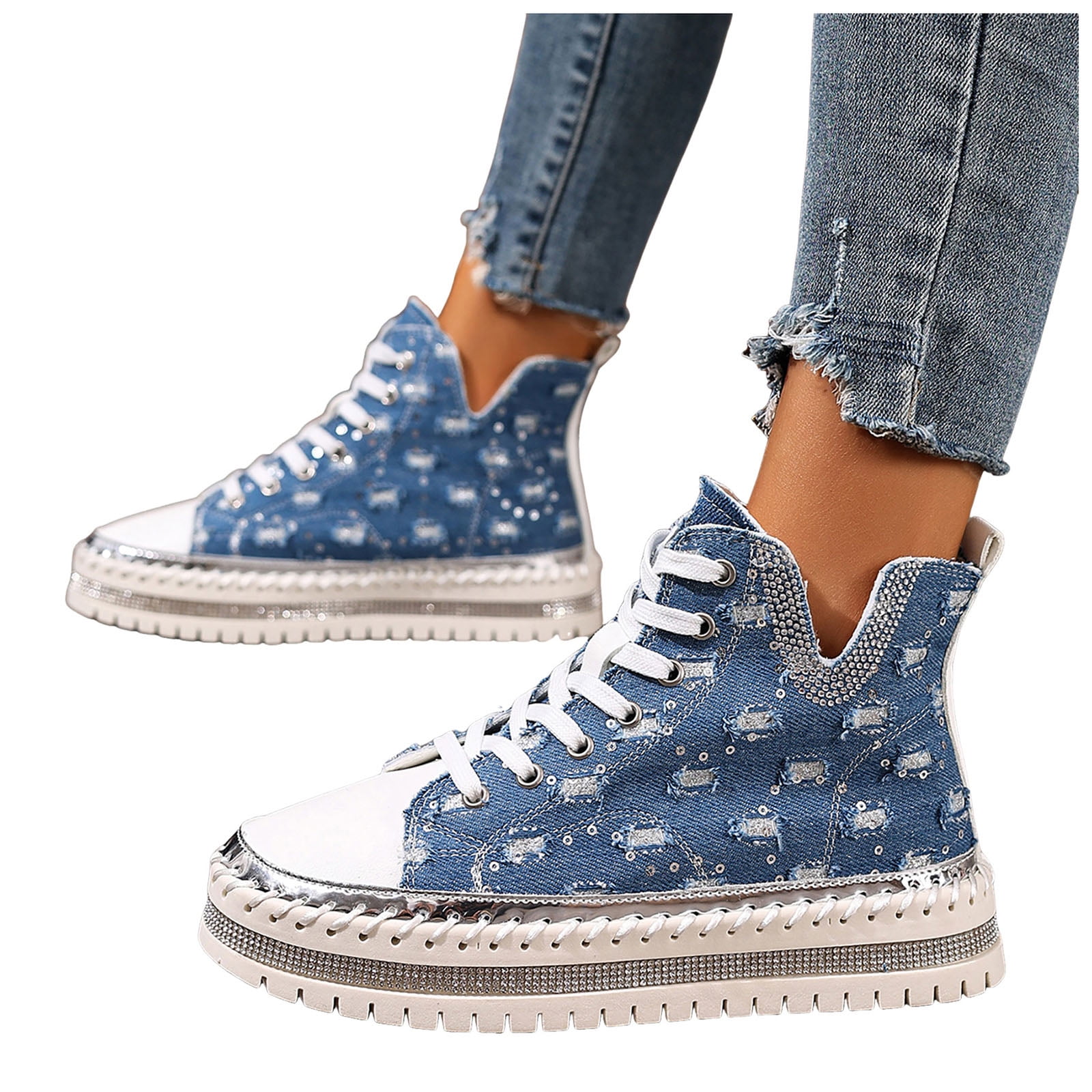 Chenyee Women's High Top Canvas Shoes Platform Non Slip Rhinestone ...