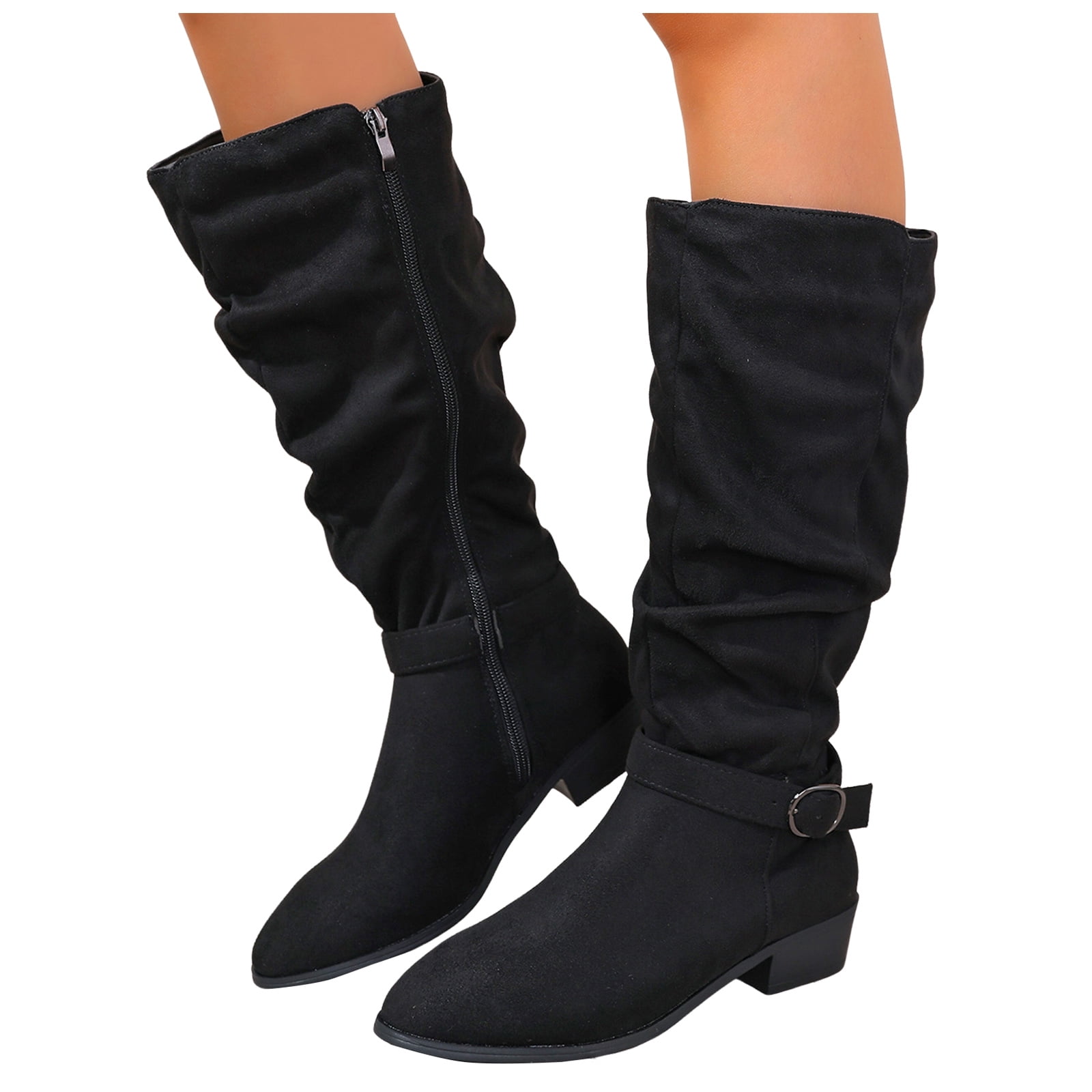 Chenyee Women's Knee High Boots Wide Calf Low Heel Slouchy Pointed Toe ...
