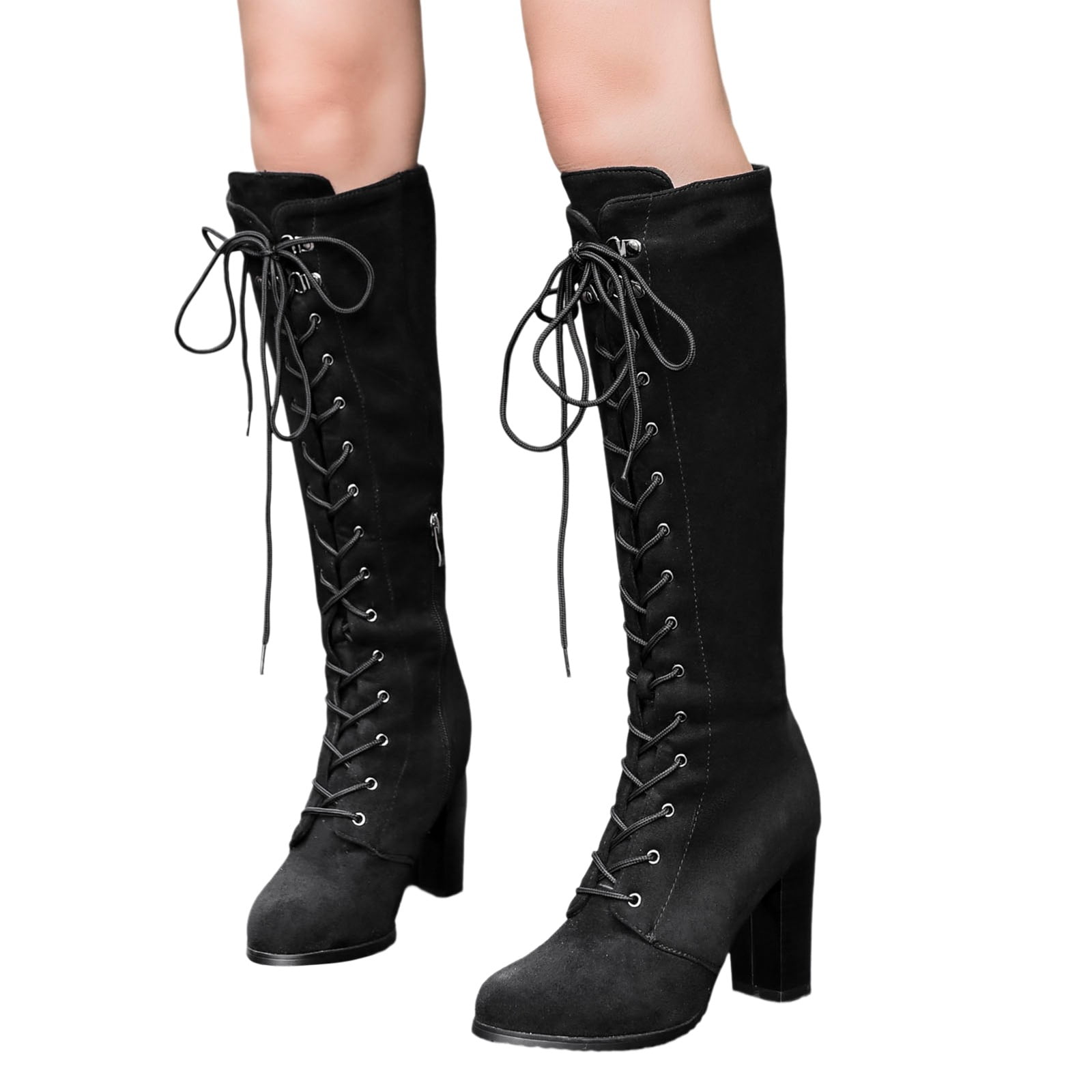 Chenyee Women's Knee High Combat Boots Vintage Lace Up Chunky High Heel ...