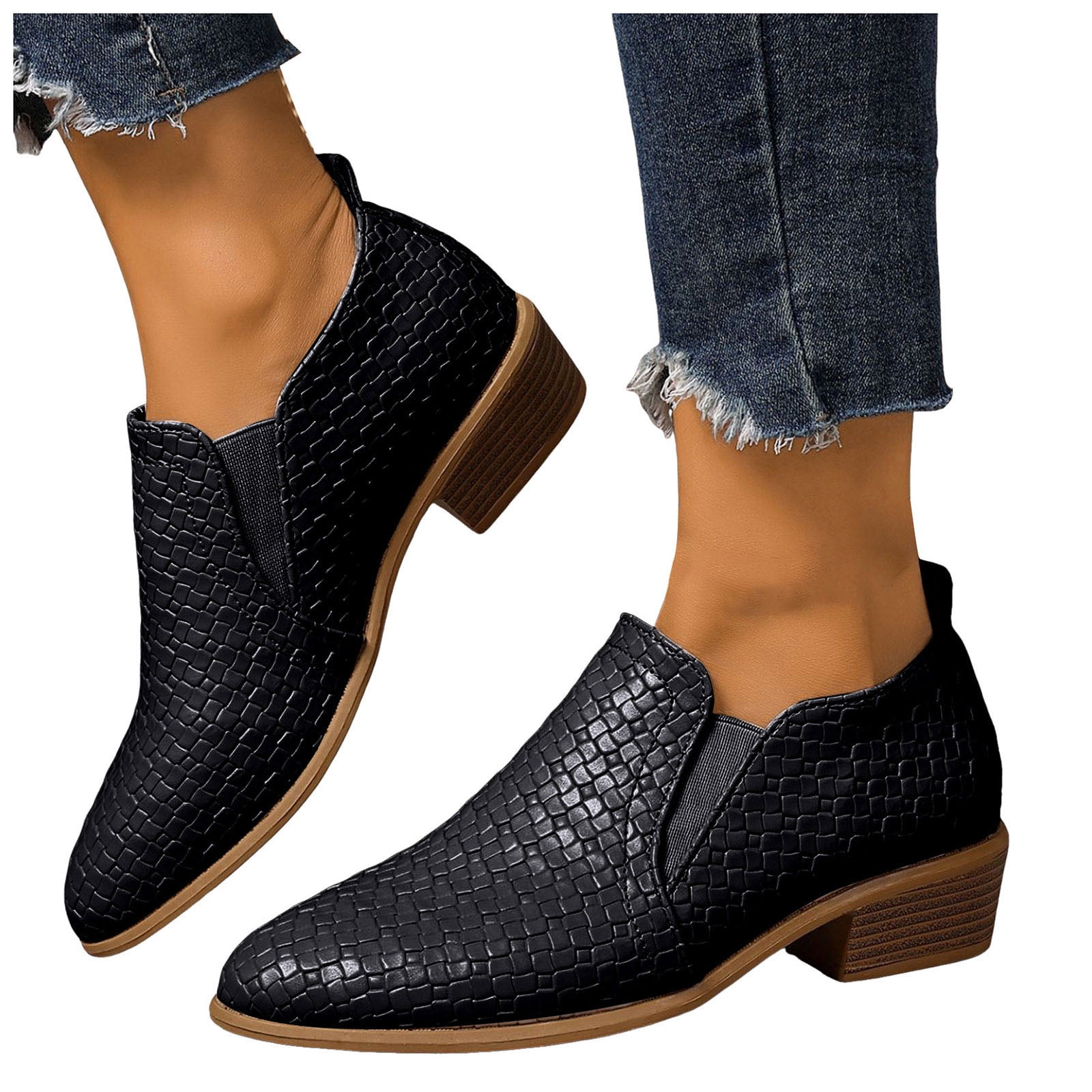 Chenyee Women's Leather Ankle Boots Low Chunky Heel Pointed Toe ...