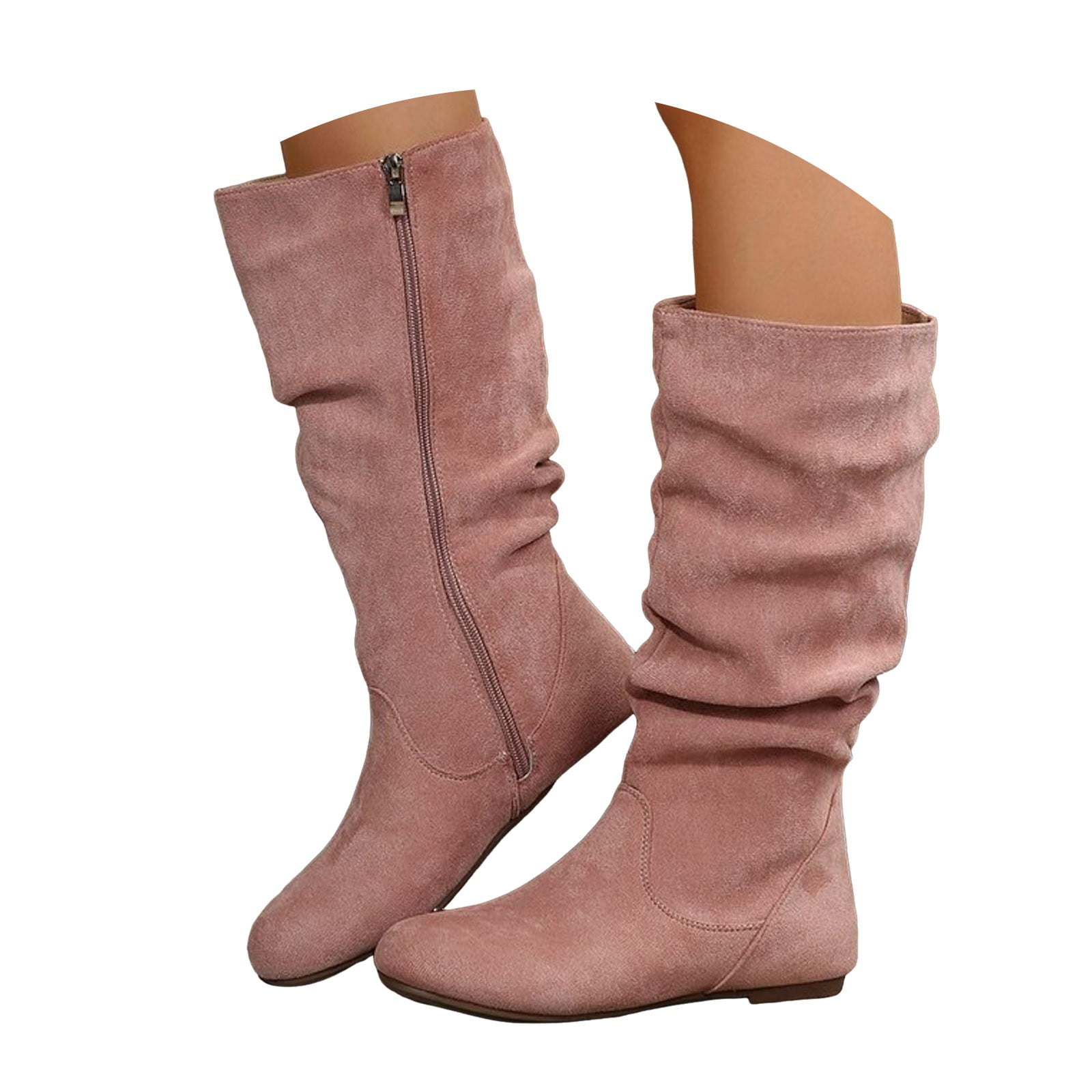 Chenyee Women's Slouchy Mid Calf Boots Zip Up Comfortable Flat Suede ...