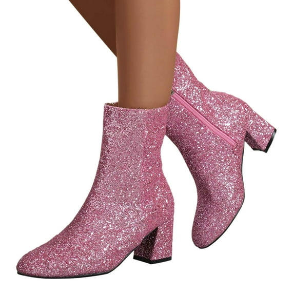 Chenyee Women's Sparkly Ankle Boots Chunky Block Heeled Slip On Sequin ...