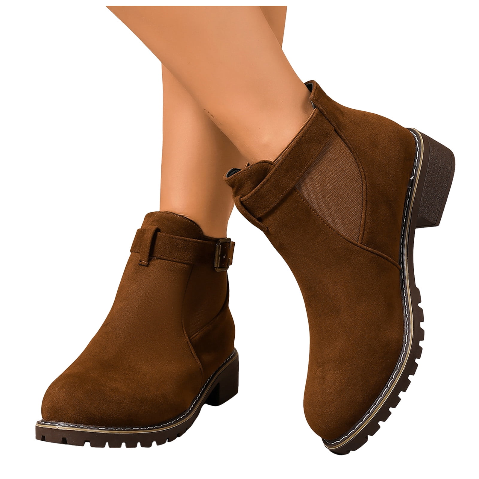 Chenyee Women's Suede Ankle Boots Chunky Low Heel Slip On Stretchy Cuff ...