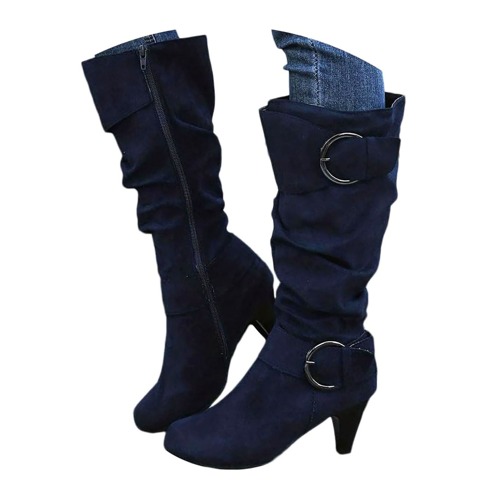 Chenyee Women's Suede Knee High Boots Wide Calf Buckle Strap Mid Calf ...