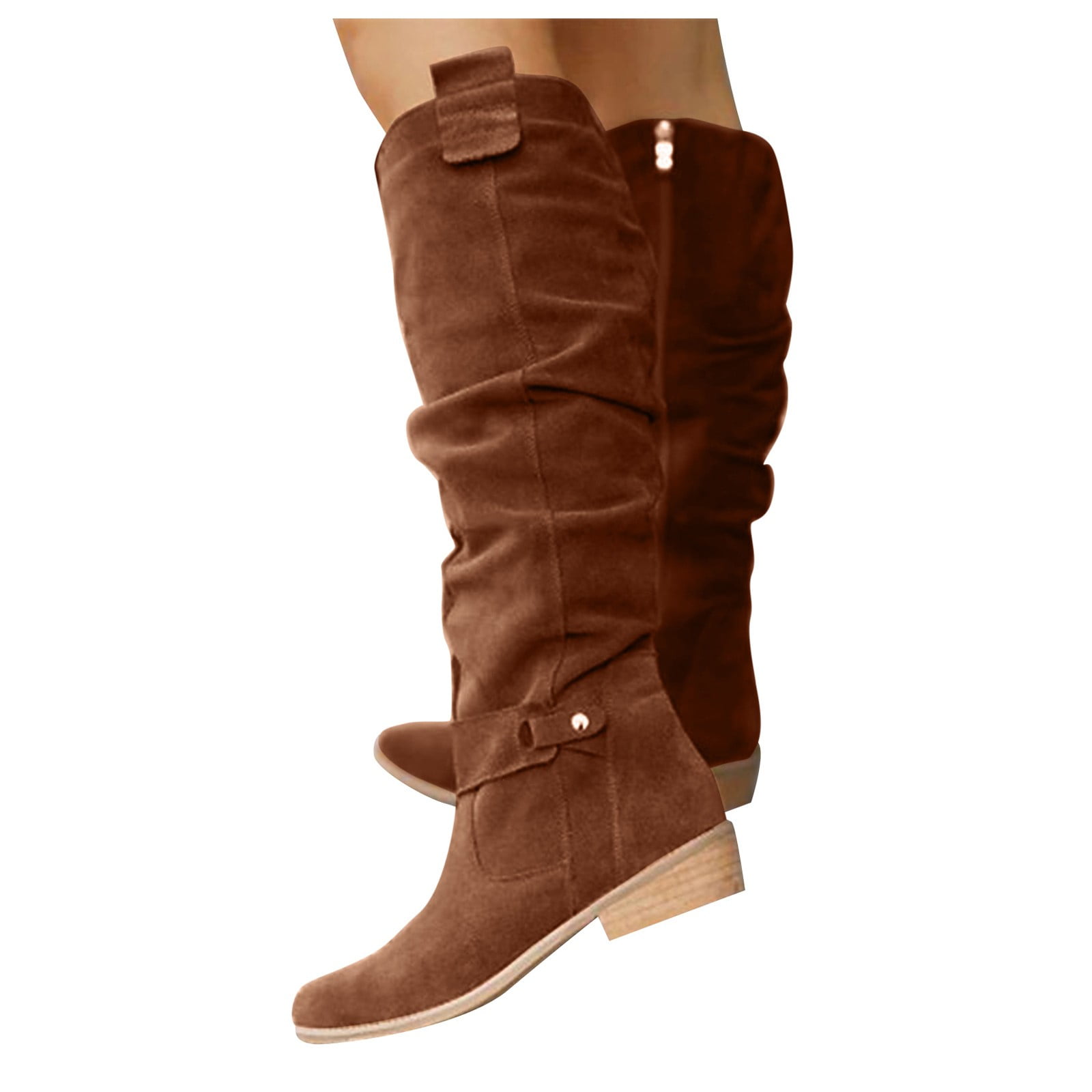 Chenyee Women's Suede Slouchy Knee High Boots Wide Calf Block Low Heel ...