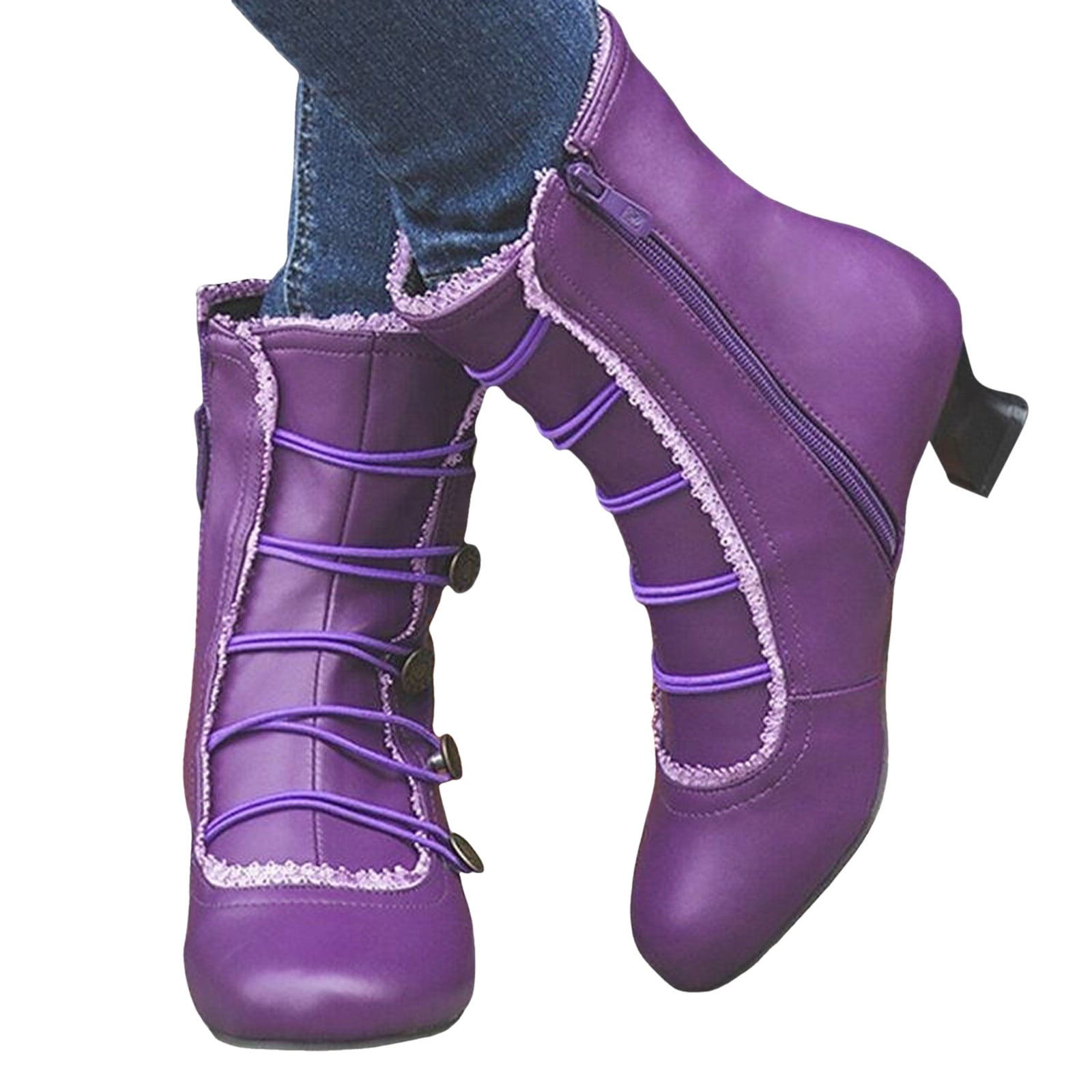 Chenyee Women's Vintage Ankle Boots Kitten Heels Lace Buttons Pointed ...