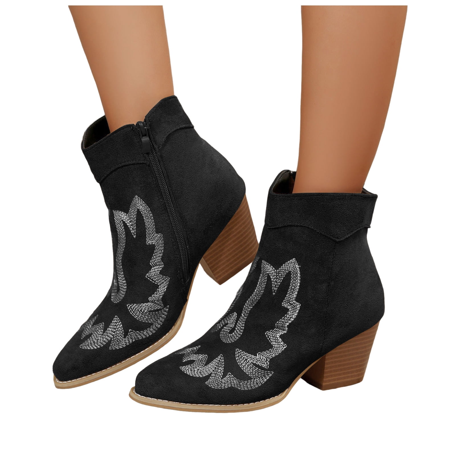 Chenyee Women's Western Ankle Boots Classic Pointed Toe Embroidered Low ...