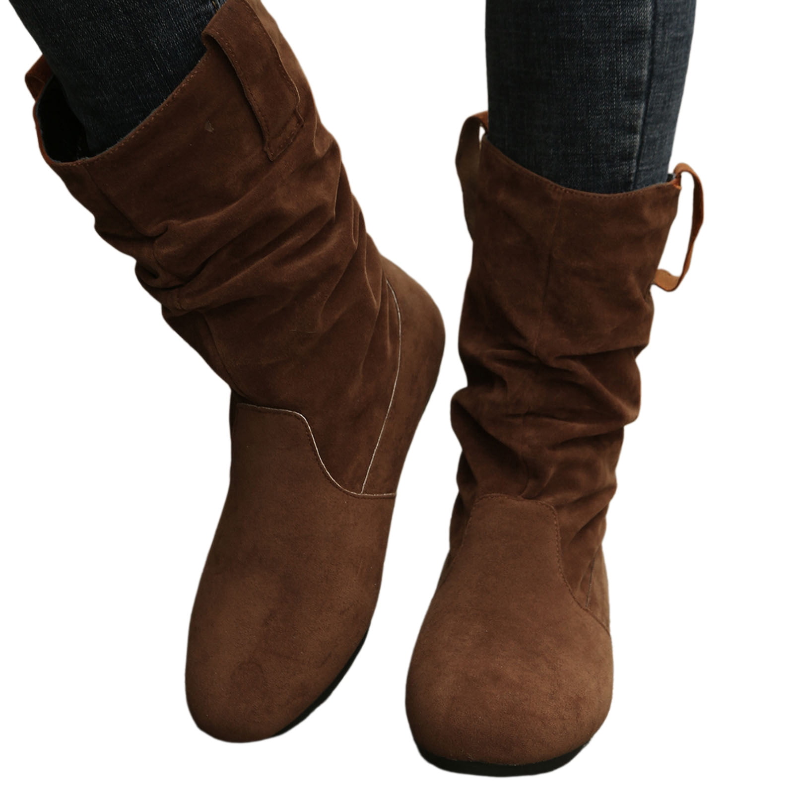 Chenyee Womens Low Heel Mid Calf Boots Slouchy Suede Slip On Under Knee ...