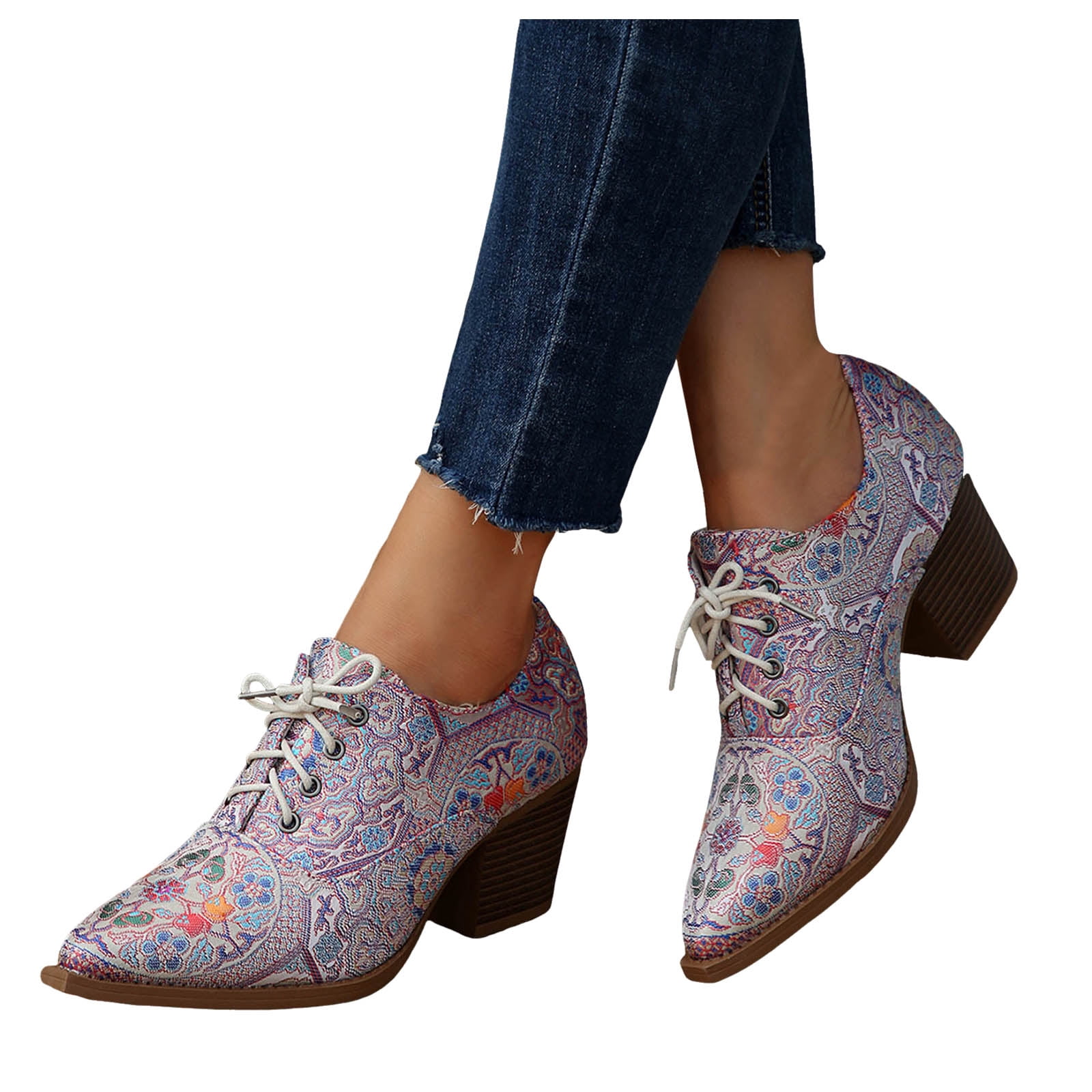 Chenyee Womens Vintage Floral Print Mid Chunky Heel Ankle Boots Lace Up ...