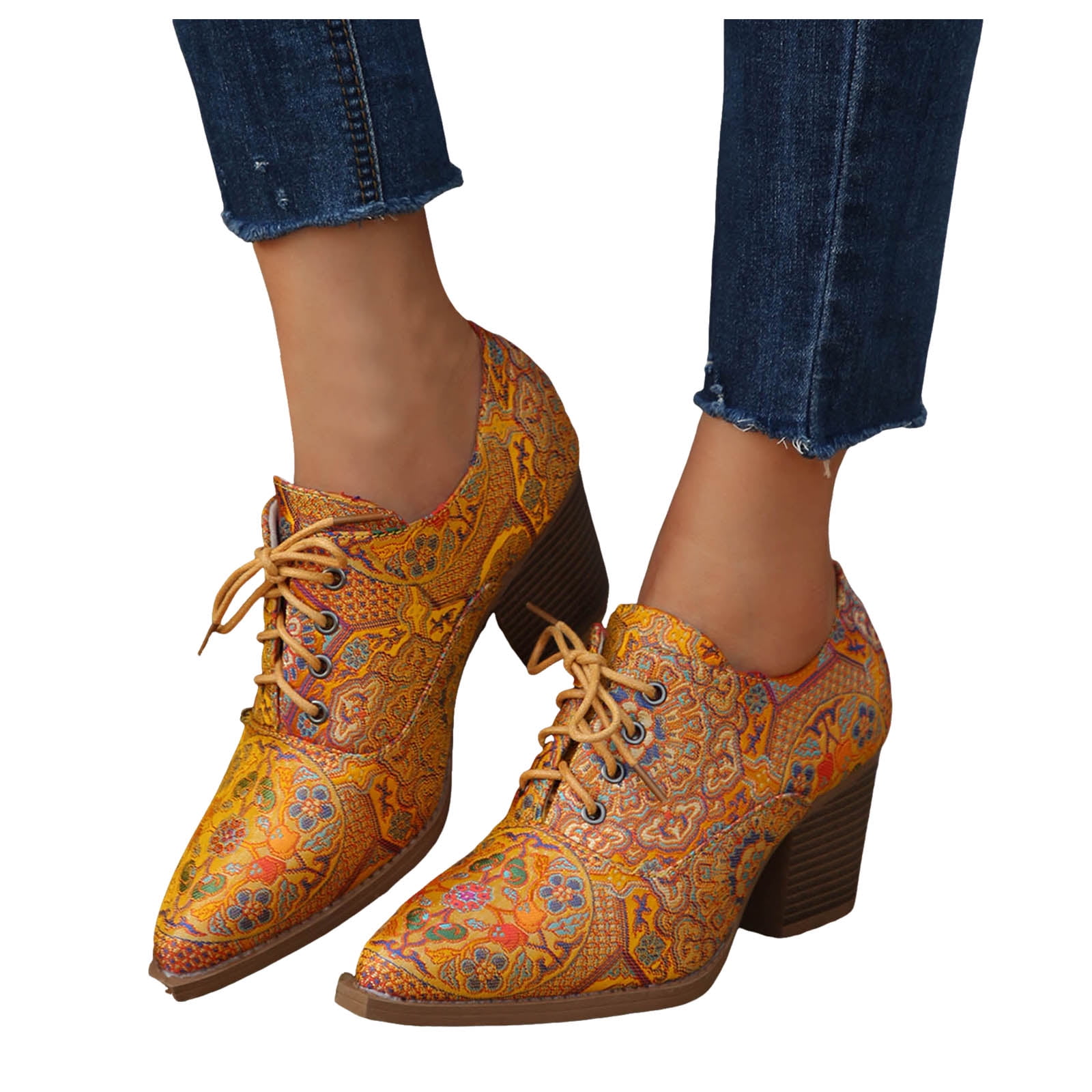 Chenyee Womens Vintage Floral Print Mid Chunky Heel Ankle Boots Lace Up ...