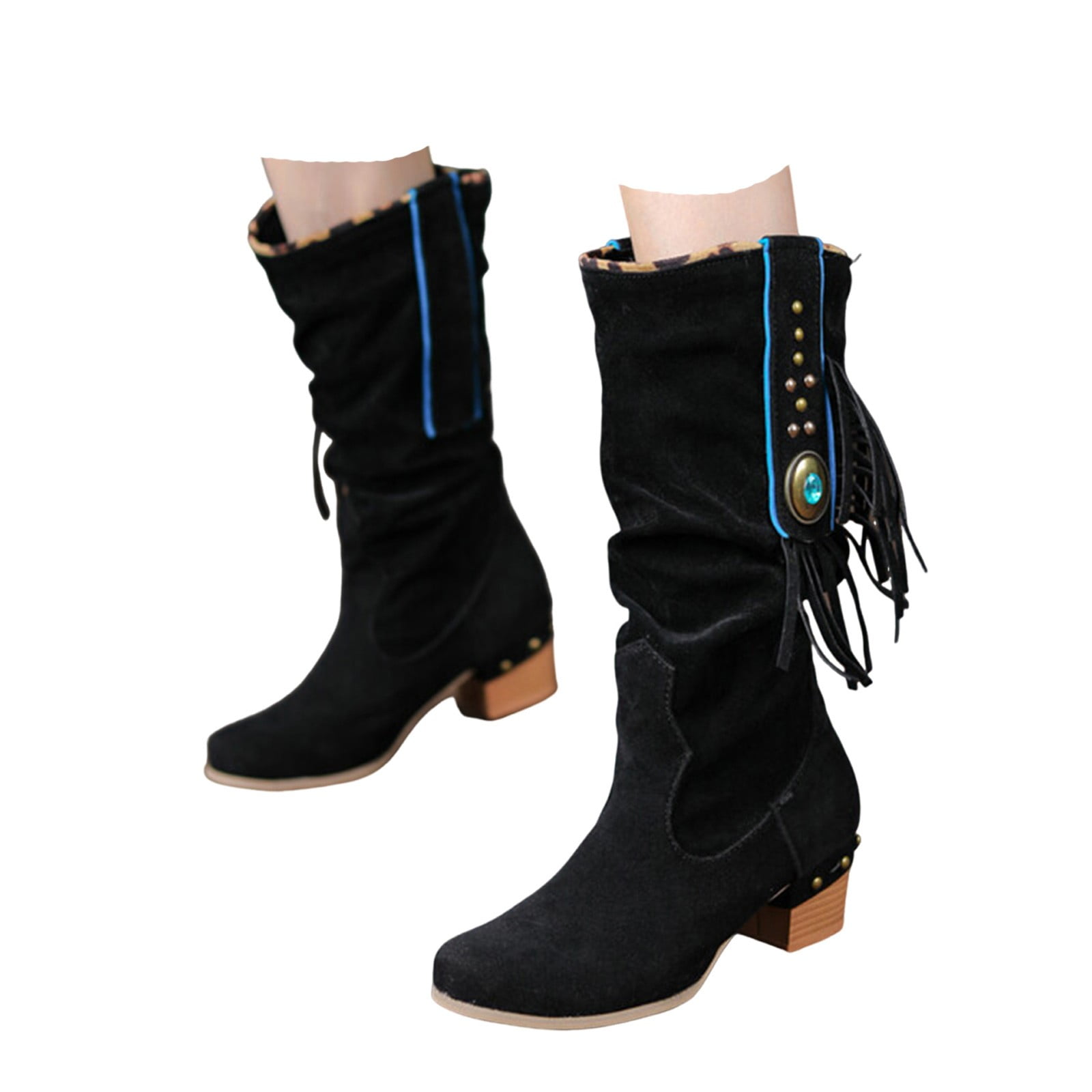 Chenyee Womens Vintage Suede Tassel Knee High Boots Fashion Studded ...