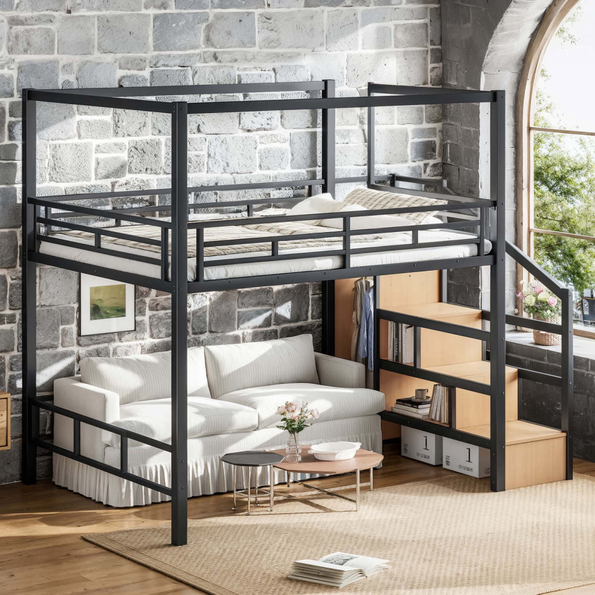 ChenyueFurn Queen Size Metal Loft Bed with Canopy, Storage Stairs ...