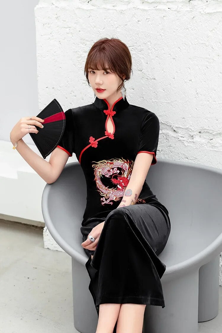 Cheongsam Dress Harajuku Vintage Style Sexy Split Long Cheongsam ...