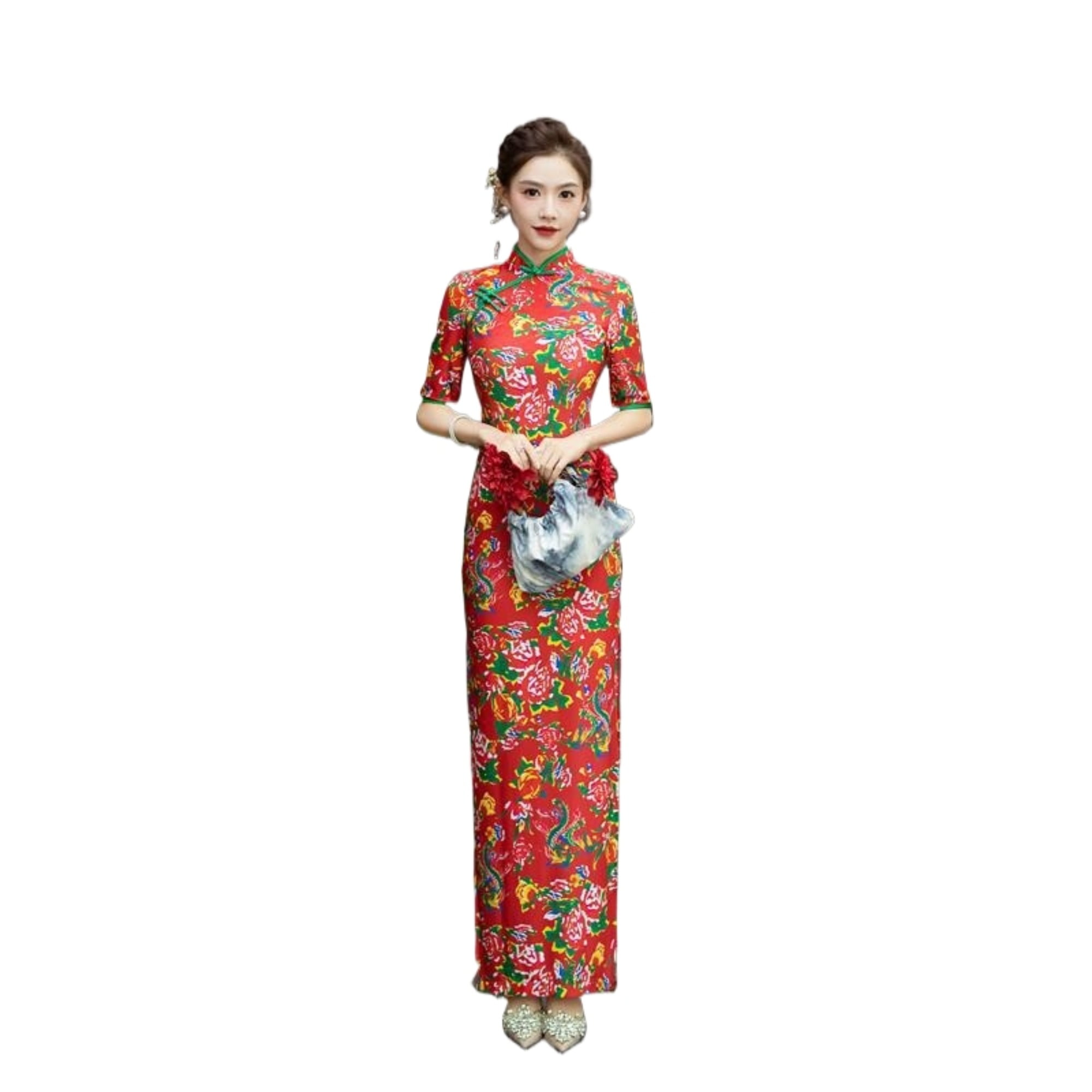 Cheongsam Long Retro Northeast Floral Cloth Slim-fit Show Elegant Red ...