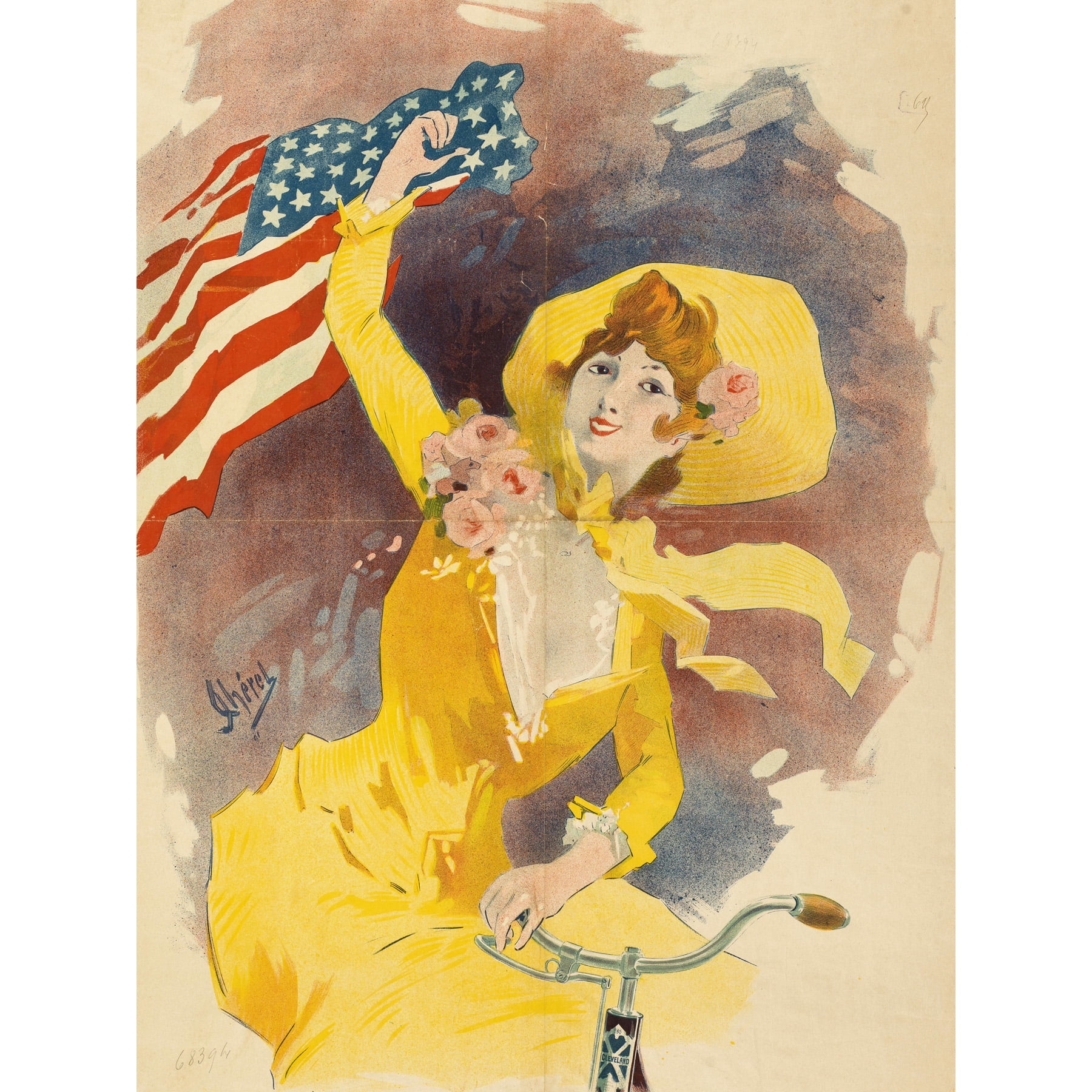 Cheret Cleveland Cycles Bicycle USA Flag Advert Extra Large Art Print ...