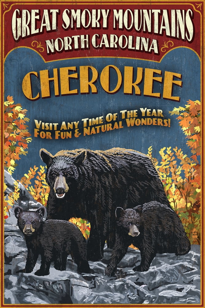 Cherokee, North Carolina, Black Bear Vintage Sign (16x24 Giclee Gallery ...