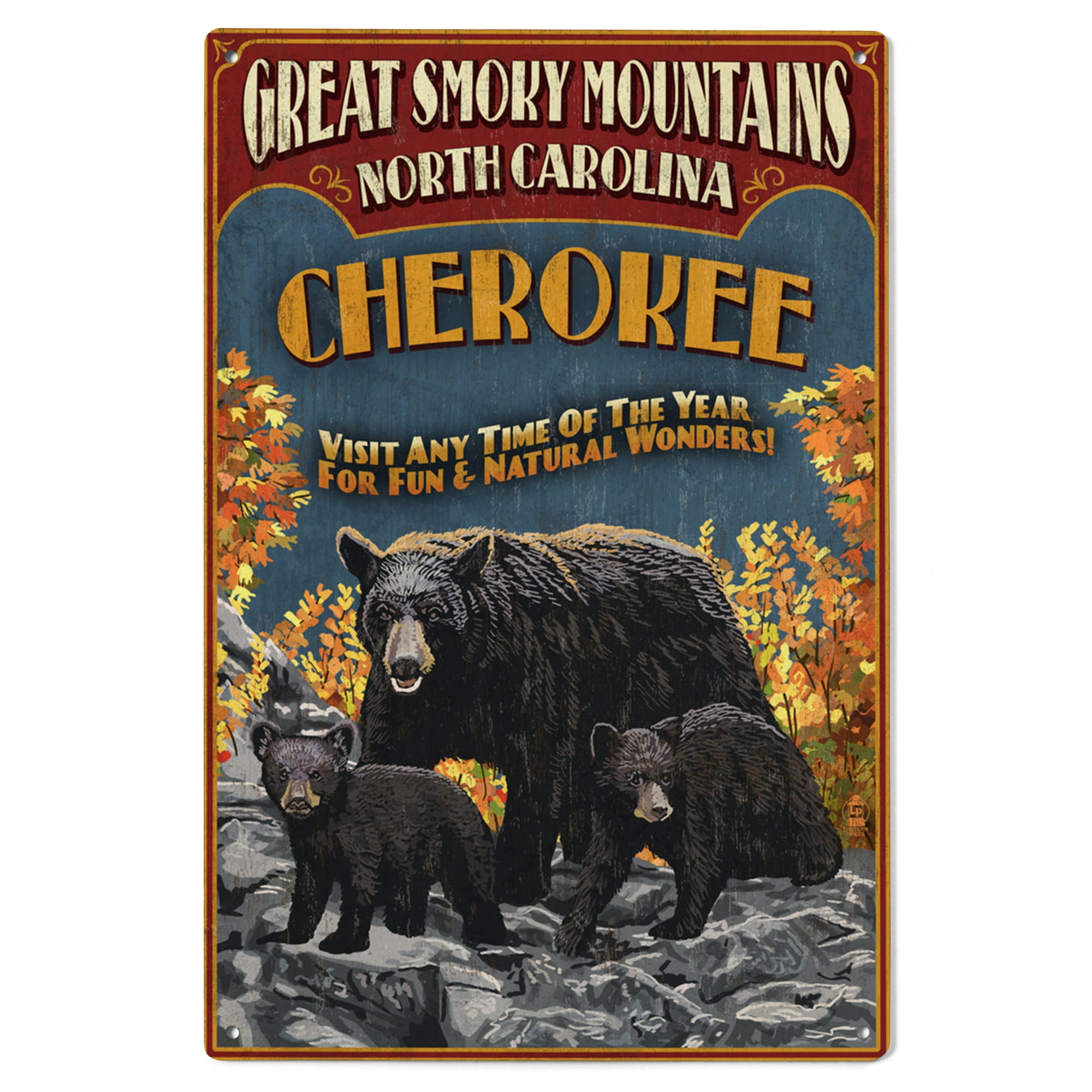 Cherokee, North Carolina, Black Bear Vintage Sign Birch Wood Wall Sign ...