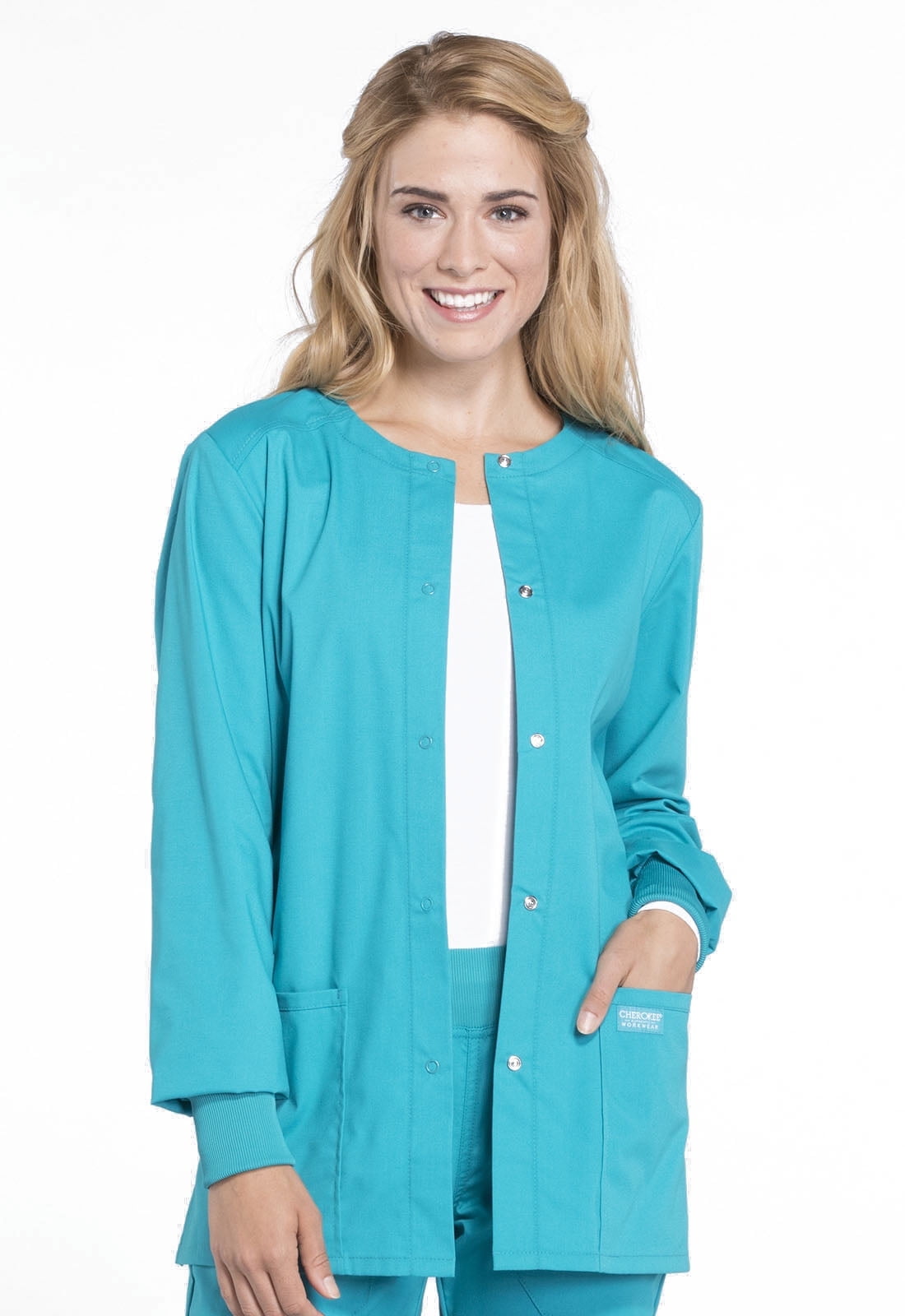 Cherokee Women's Snap Front Scrub Jacket with 3 Pockets and Knit Cuff ...