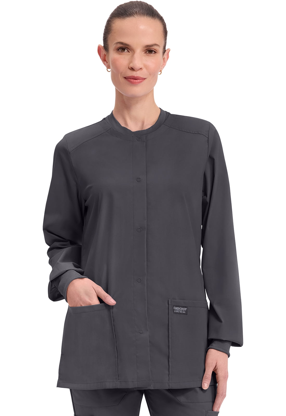 Cherokee Women's Snap Front Scrub Jacket with 3 Pockets and Knit Cuff ...