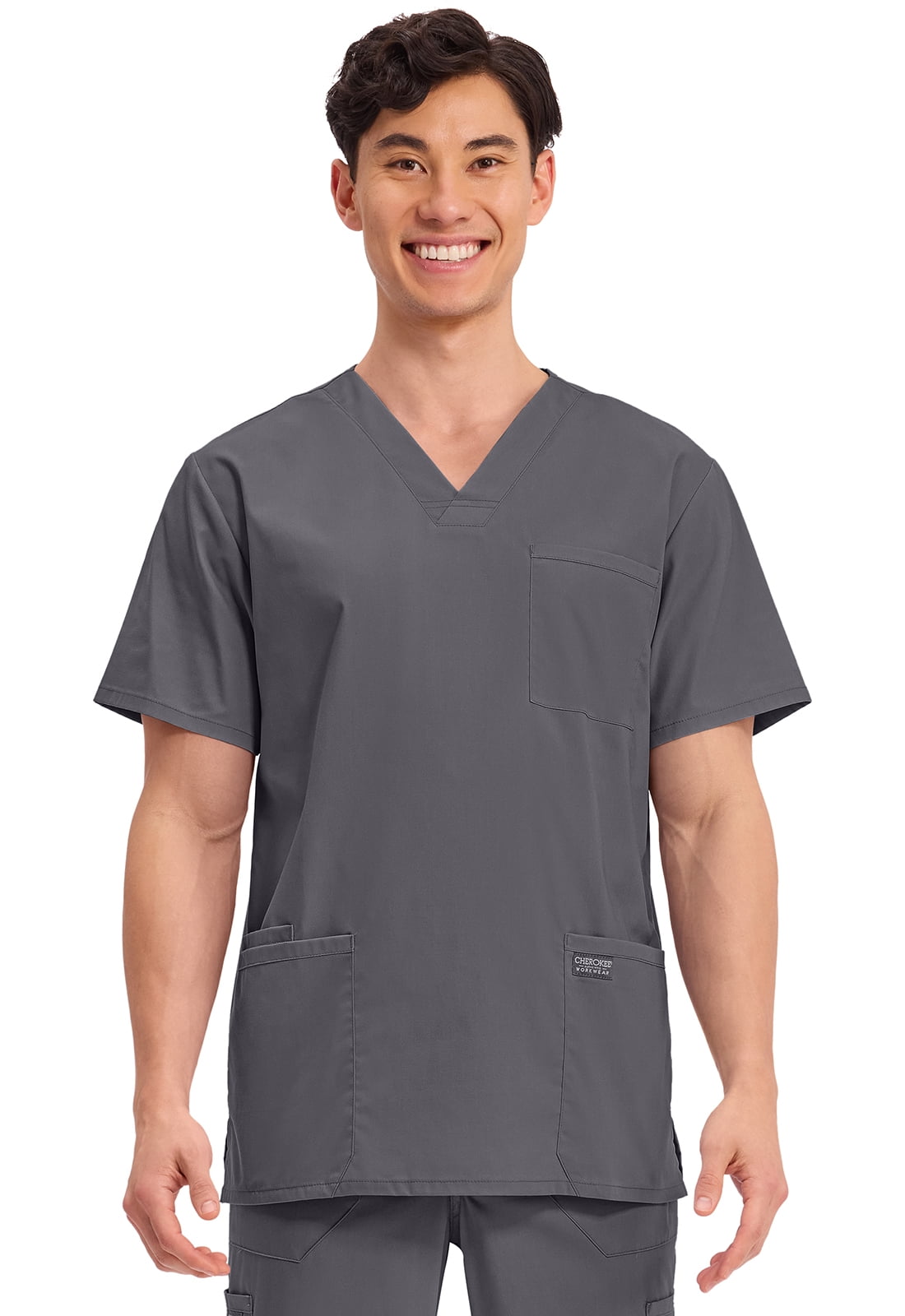 Cherokee Men Scrubs Top, V-Neck, Four Pockets, Pewter, Durable Stretch ...