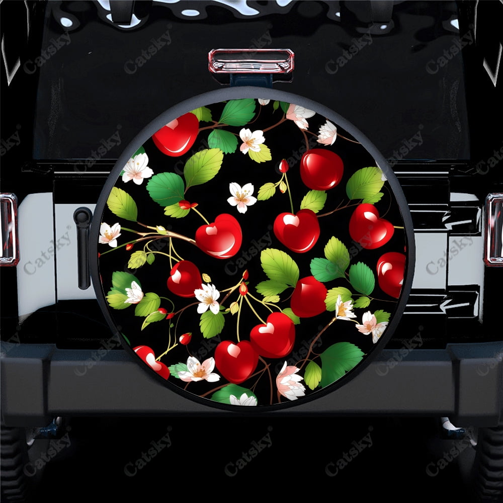 Cherries And Green Leaves Polyester Universal Spare Wheel Tire Cover ...