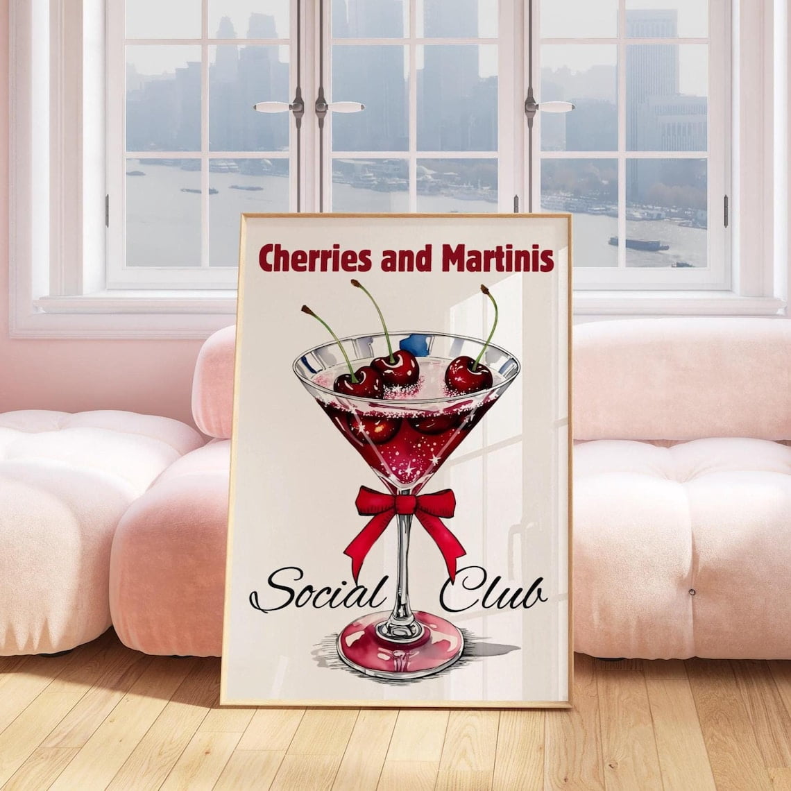 Cherries And Martinis Red Bar Cart Wall Art, Unframed Canvas Size 12x18 ...