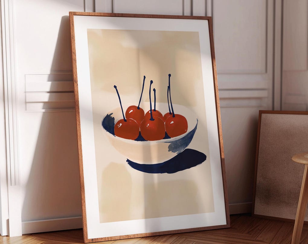 Cherries Art Print, Red Kitchen Wall Art, Modern Fruit Art For Home And ...
