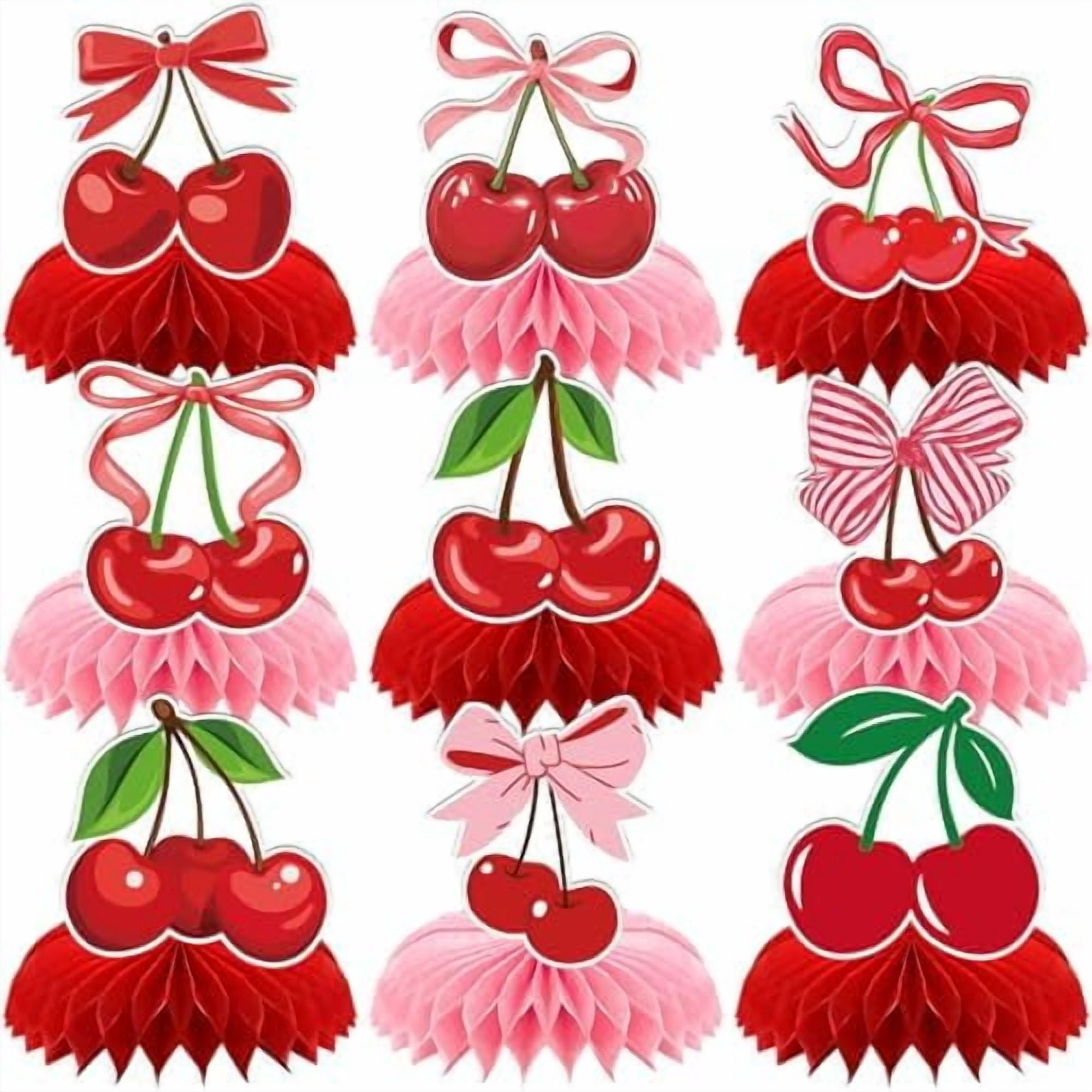 Cherries Birthday Party Decorations - 9 Pcs Pink Bow Honeycomb ...