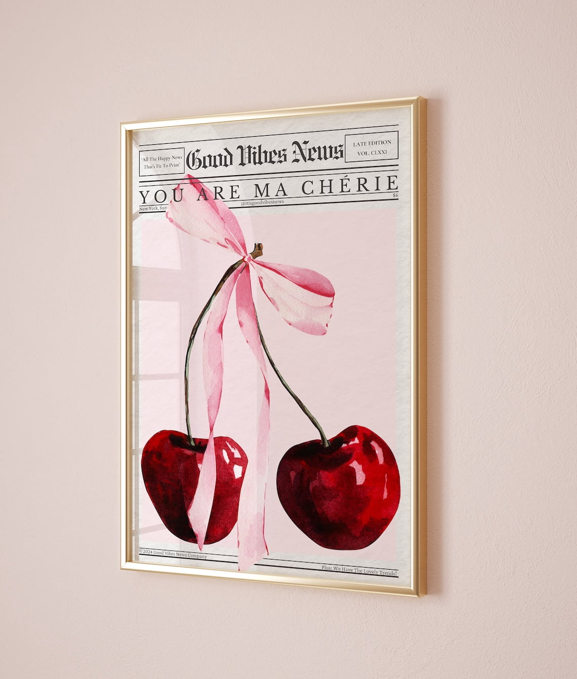 Cherries Bow Print, Ma Cherie Newspaper Poster, Unframed Paper Poster ...