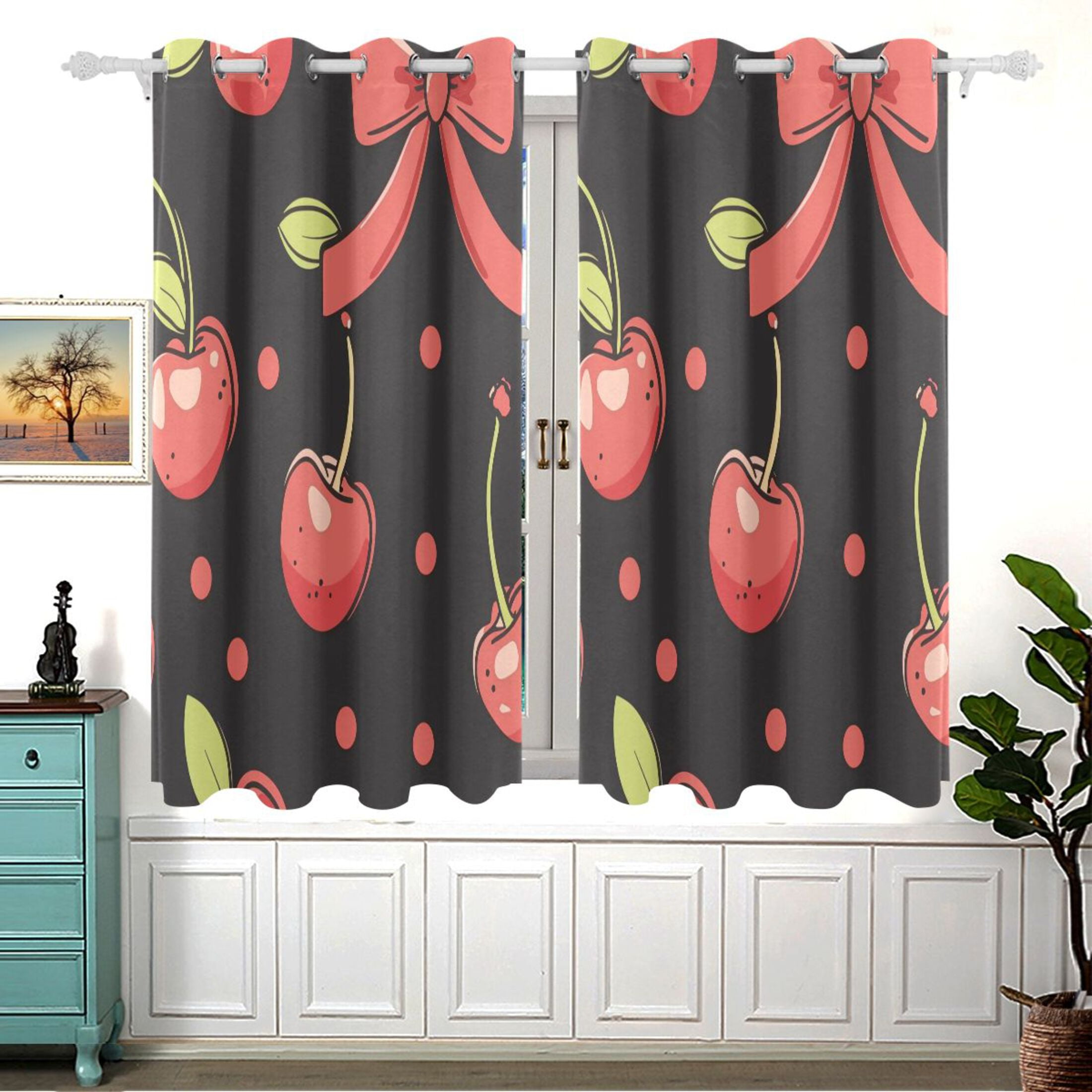 Cherries Bowknots Red Dots Window Curtain Light Filtering Thermal ...
