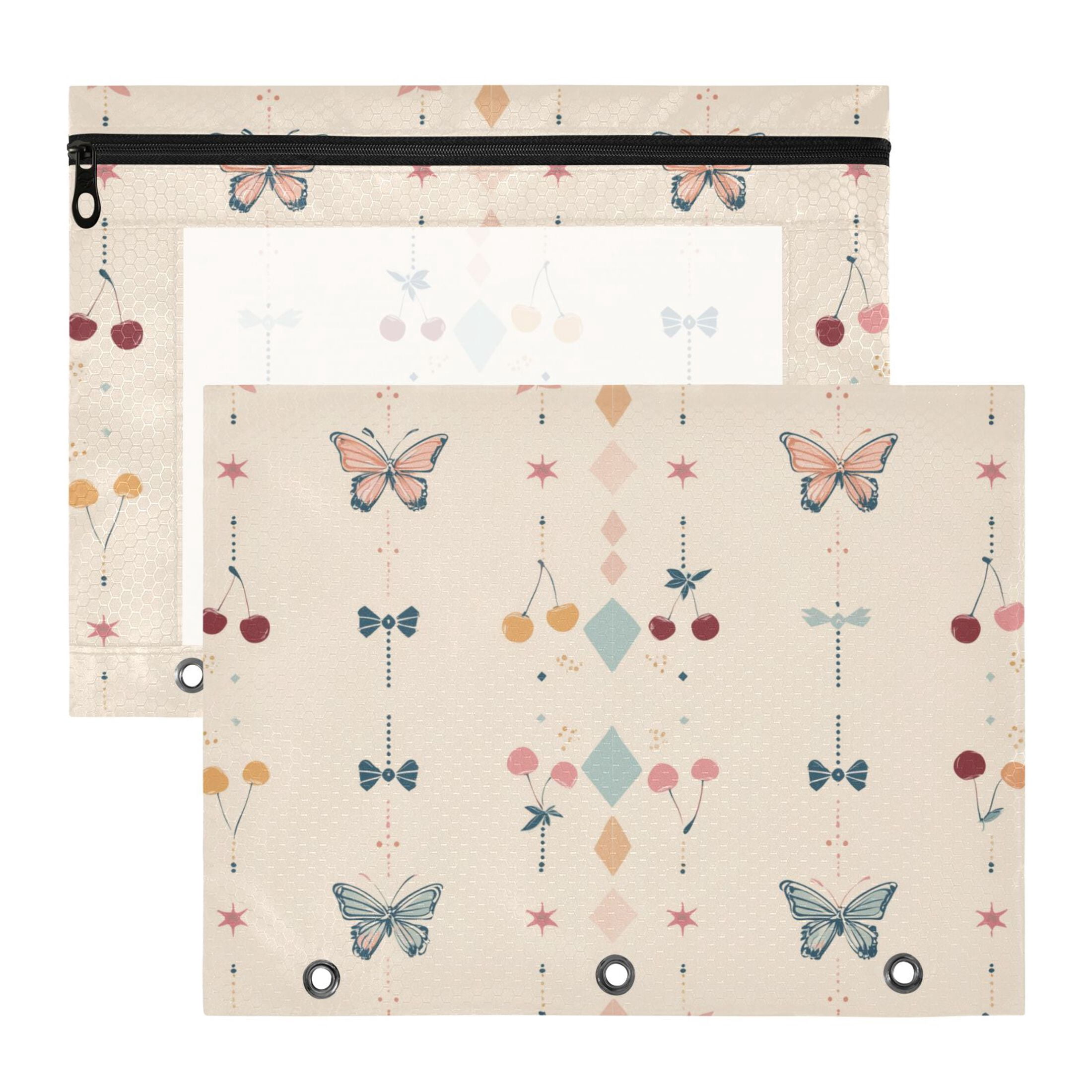 Cherries Butterflies Bows Delicate Pattern 3-Ring Binder Pocket with ...