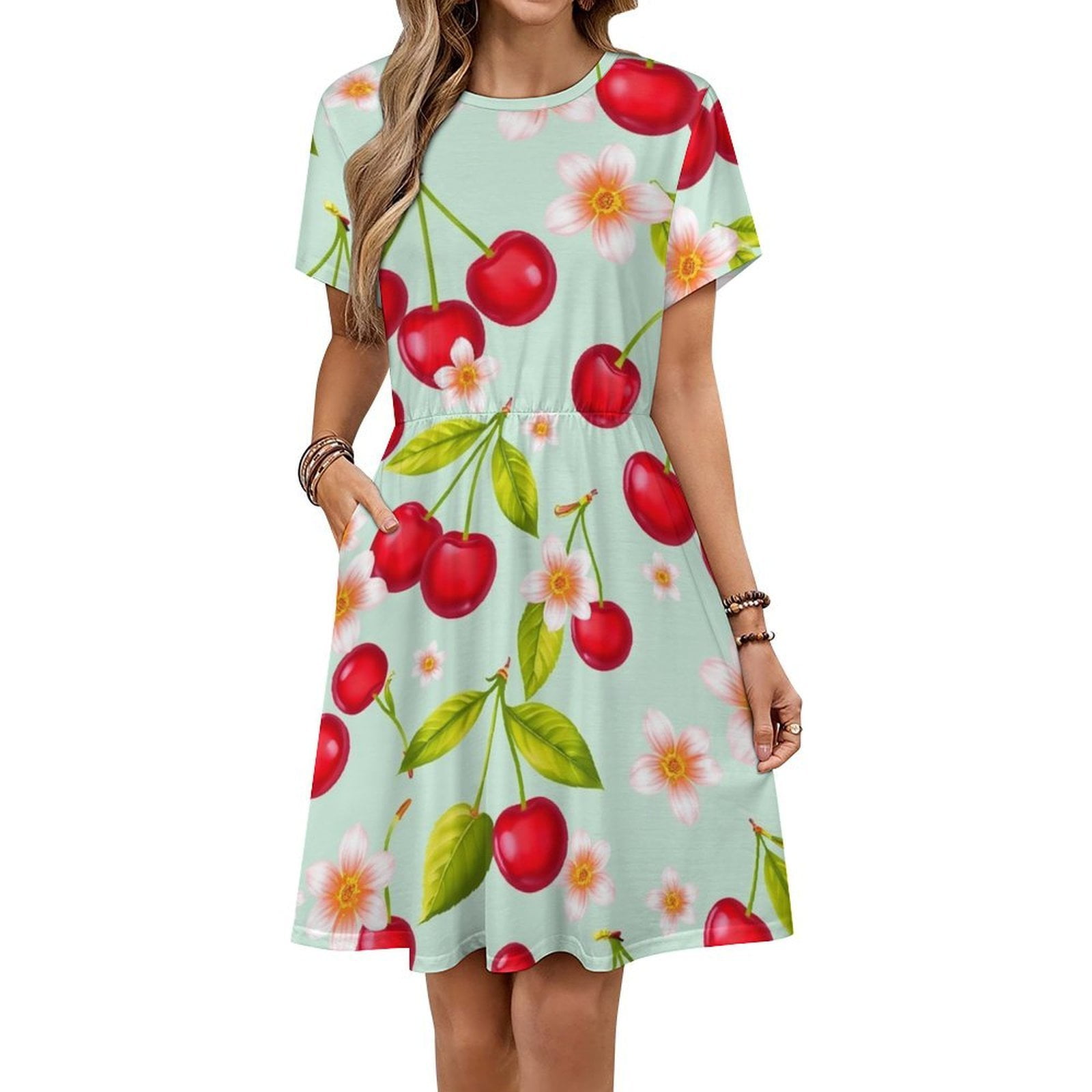 Cherries Floral Pattern Short Sleeve Dress Summer Women Clothes Dress ...