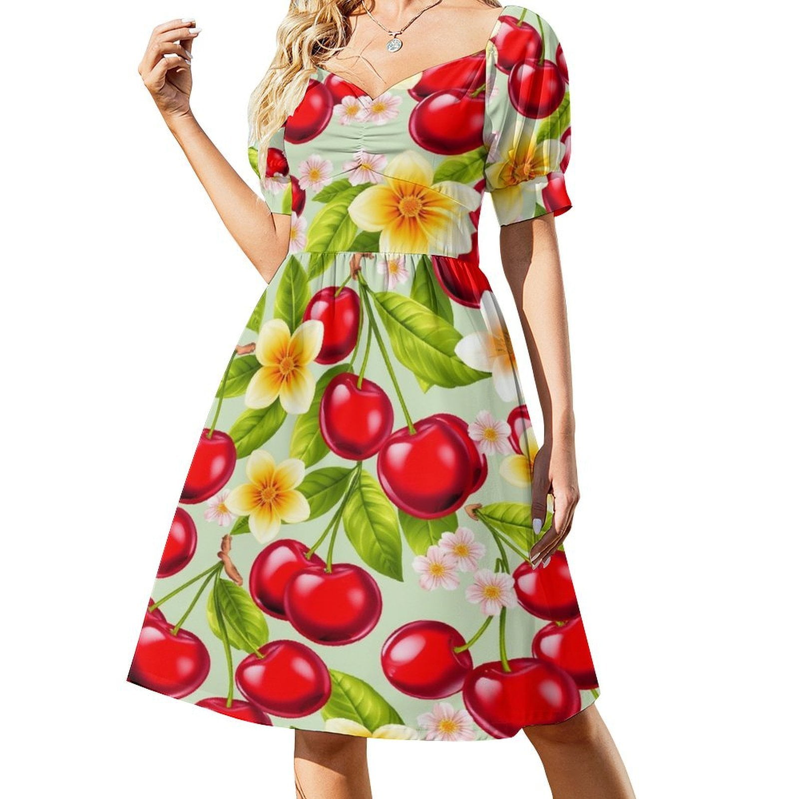 Cherries Floral Pattern Short Sleeved Dress Bridesmaid Dress Woman ...
