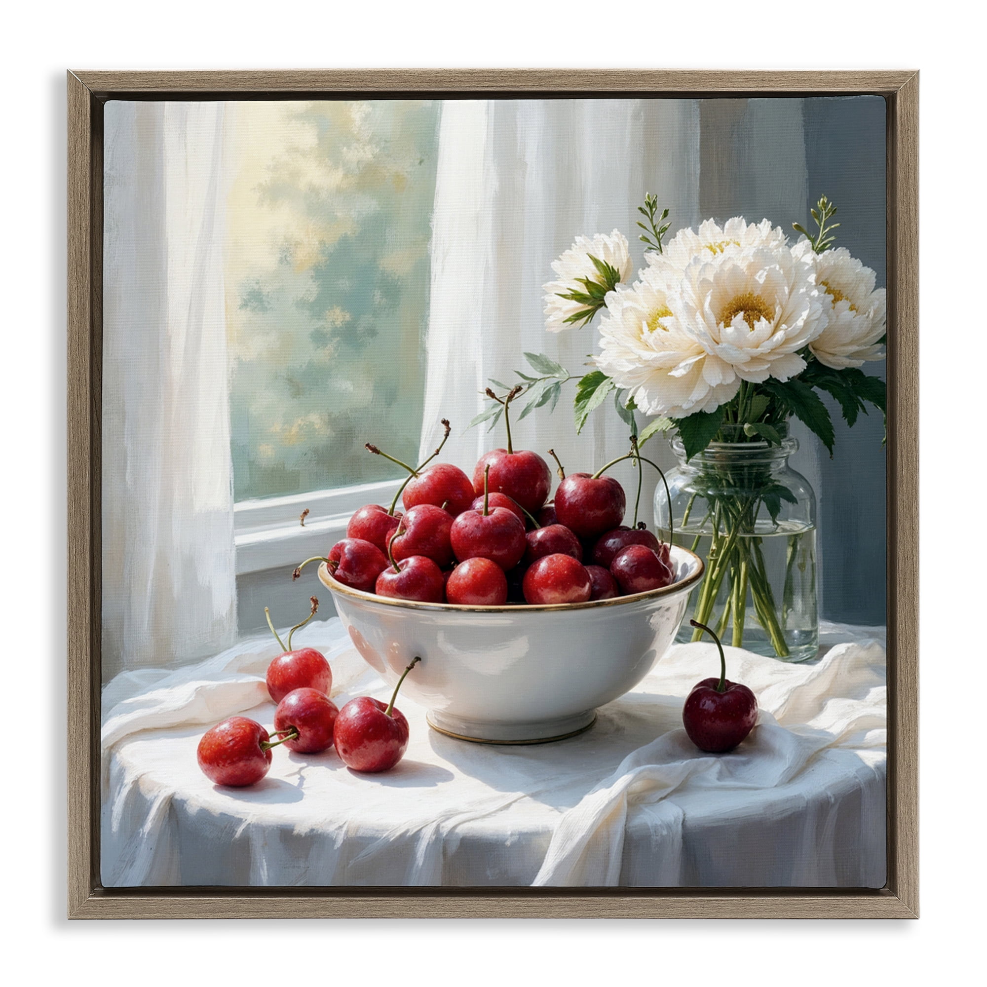 Cherries & Flowers Still Life Brown Framed Floater Canvas Wall Art ...