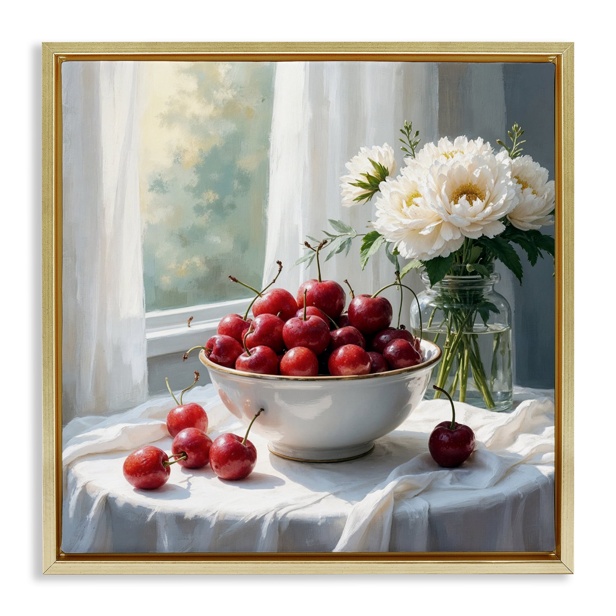 Cherries & Flowers Still Life Gold Framed Floater Canvas Wall Art ...