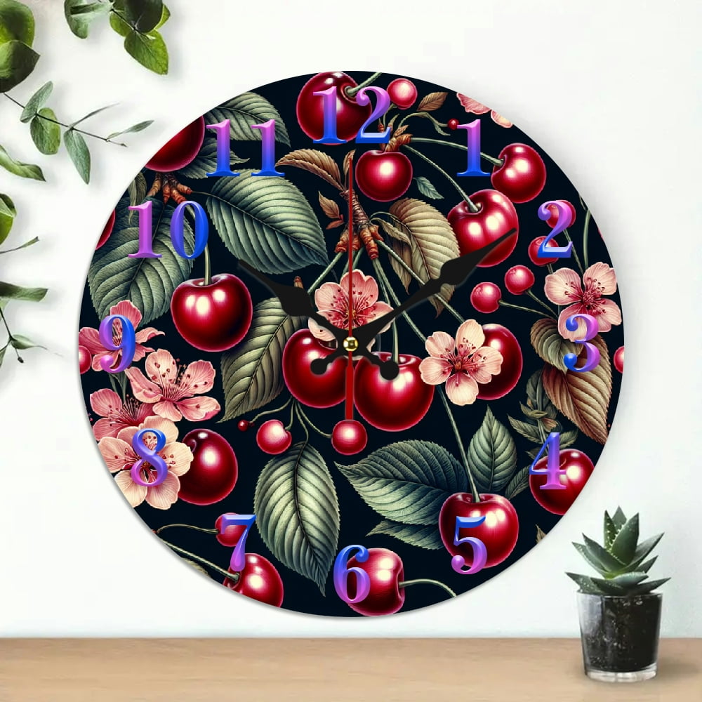Cherries, Flowers Wall Clock Battery Operated (AA Not Included), Wall ...