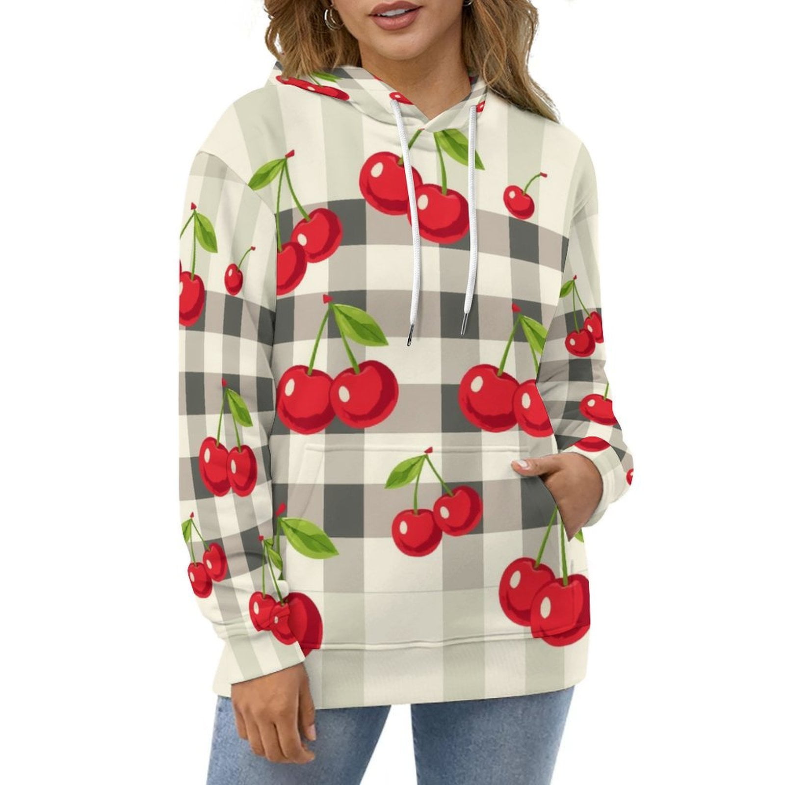 Cherries Gingham Pattern Hoodies Long-Sleeve Spring Fashion Oversize ...