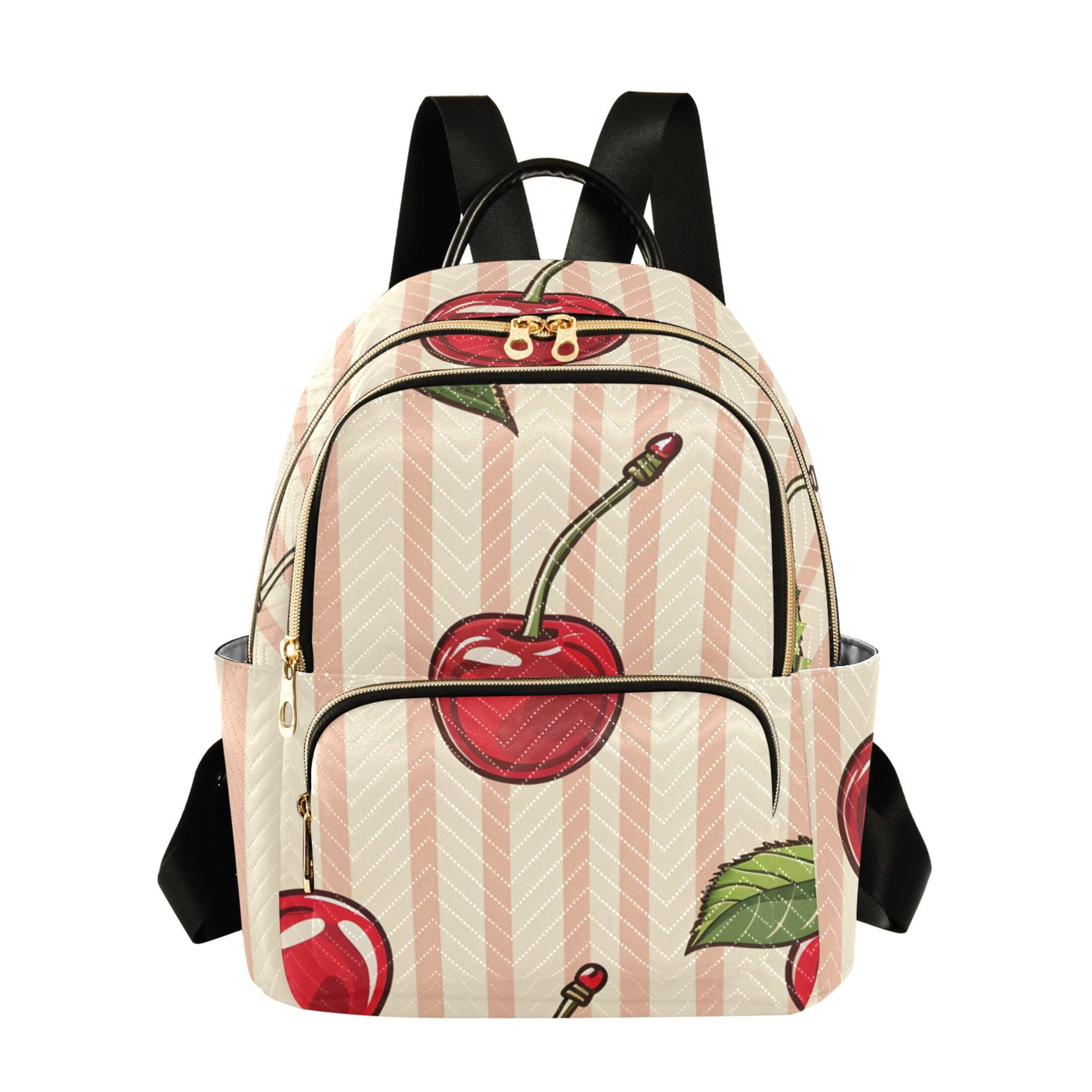 Cherries Leaves Vertical Stripes Quilted Backpack Fashion Daypack ...