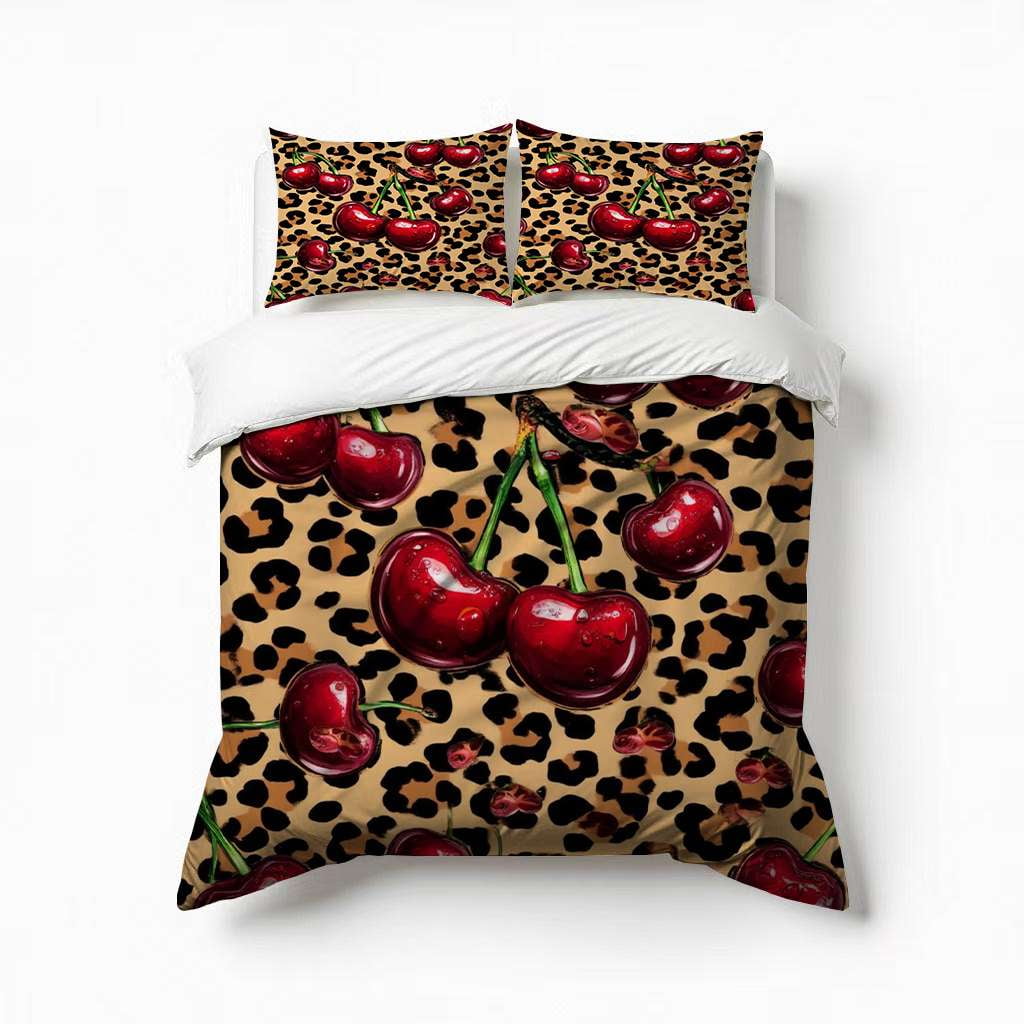 Cherries Leopard Print Background Pattern Bedding Set 3 Pcs Soft ...