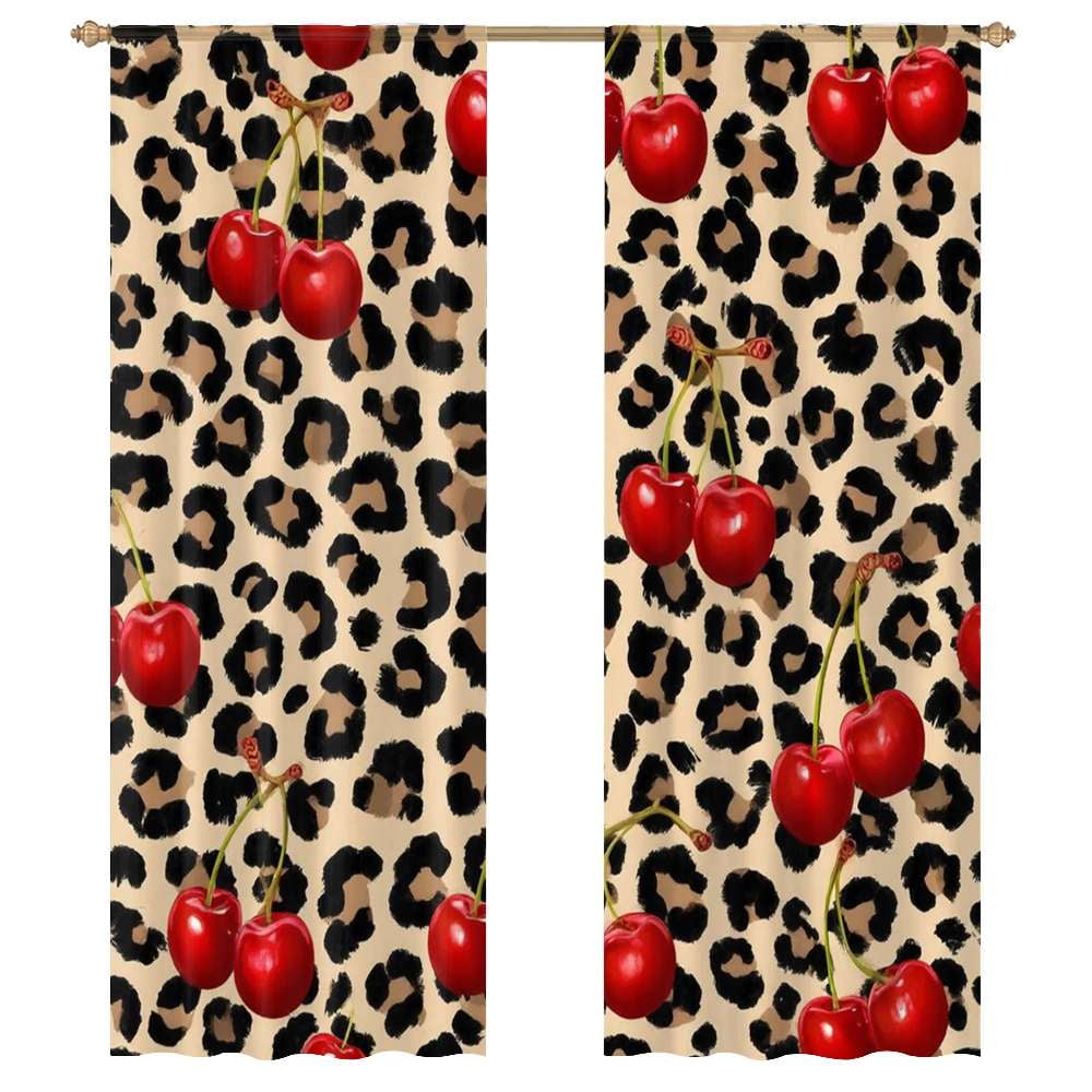 Cherries Leopard Print Background Pattern Tulle Curtains For Living ...