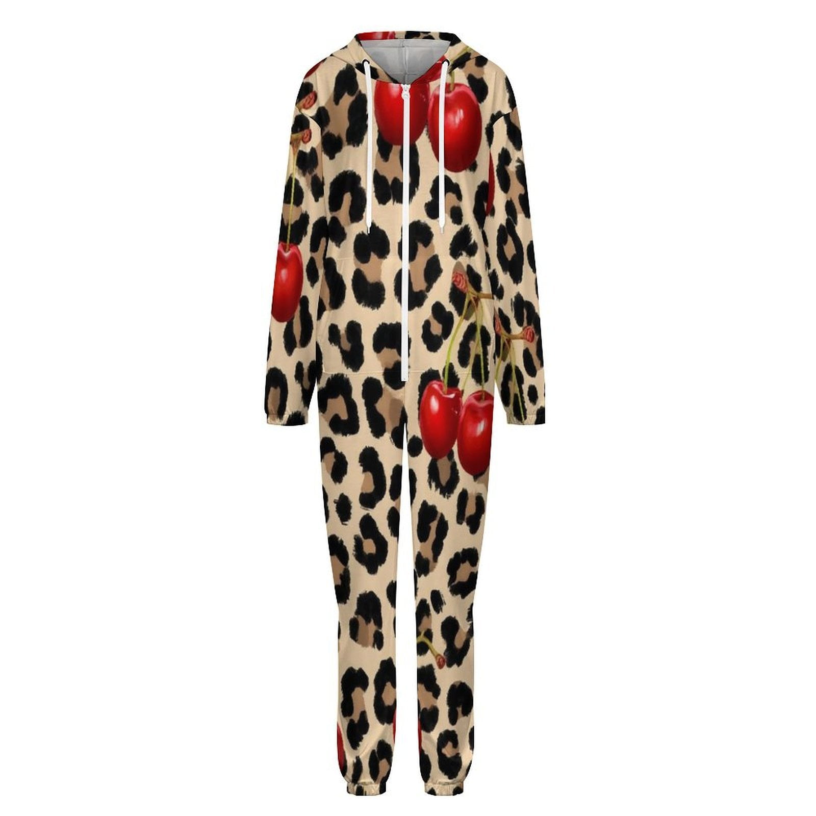 Cherries Leopard Print Background Pattern Unisex Adult Onesie Pajamas ...