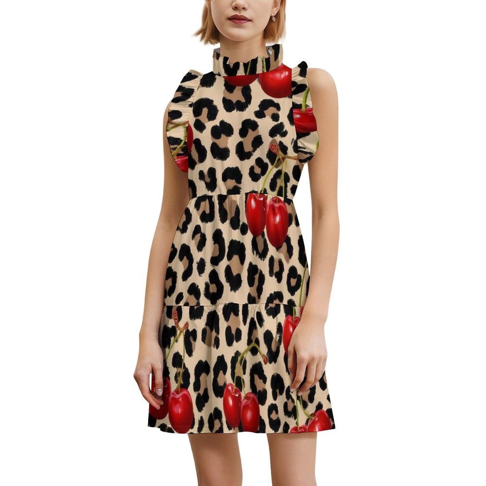 Cherries Leopard Print Background Pattern Women's Fashion Casual Dress ...