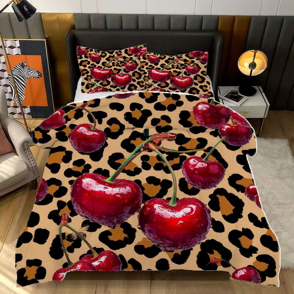 Cherries Leopard Print Juicy Sweet Background Comforter Set Queen Size ...