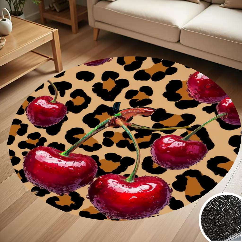 Cherries Leopard Print Juicy Sweet Background Round Carpet Living Room ...