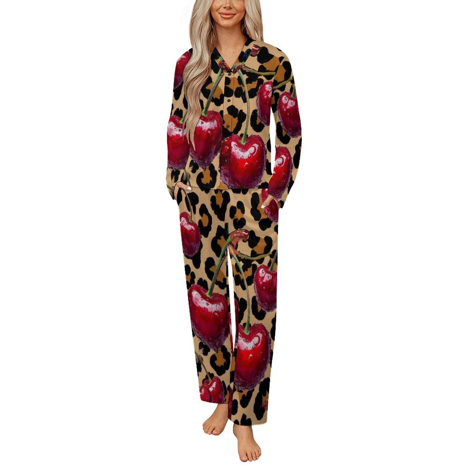 Cherries Leopard Print Juicy Sweet Background Womens Pyjamas Set Button ...